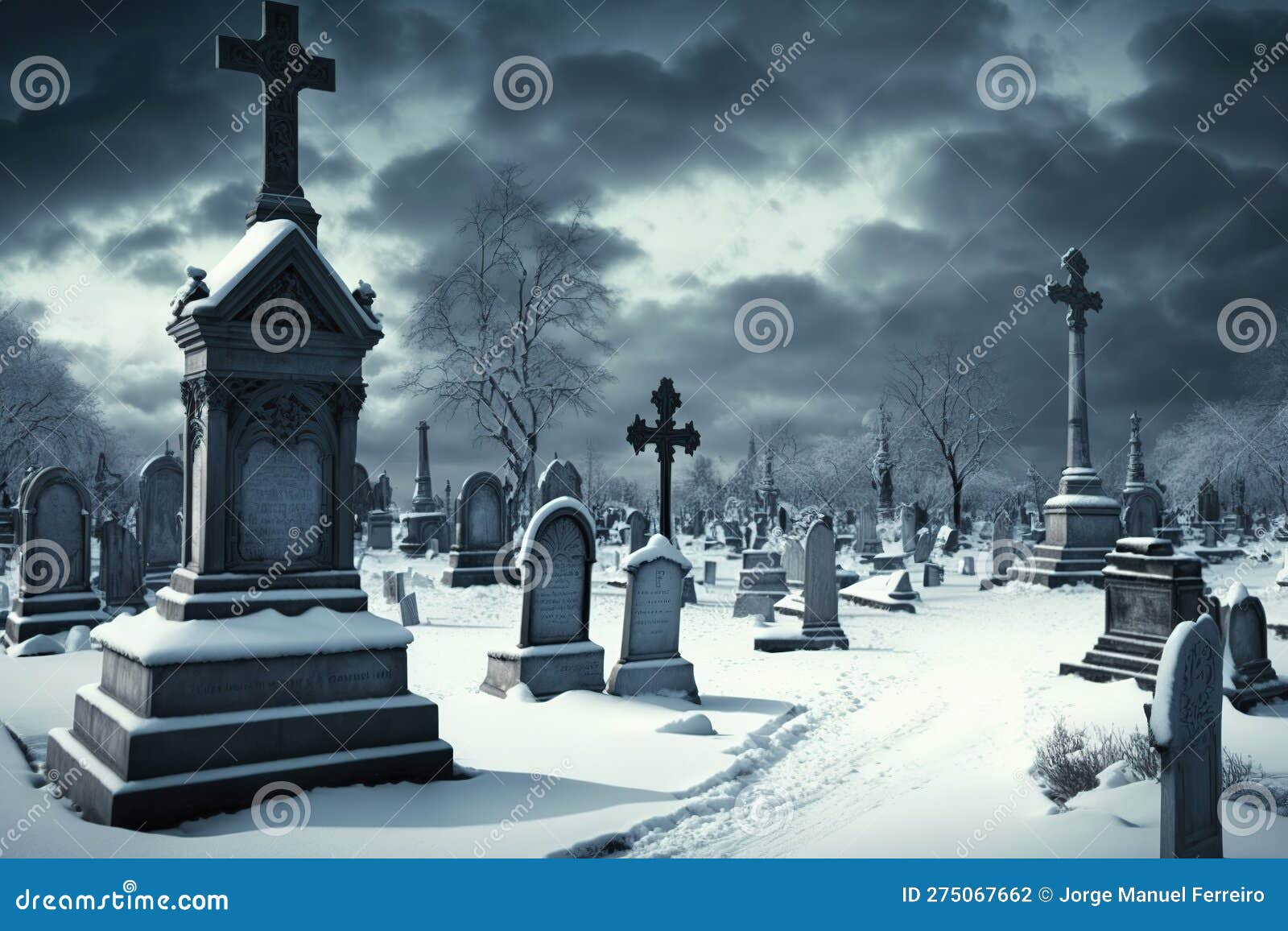Illustration, Snowy Graveyard in Winter, Dramatic Sky Background, Ai ...
