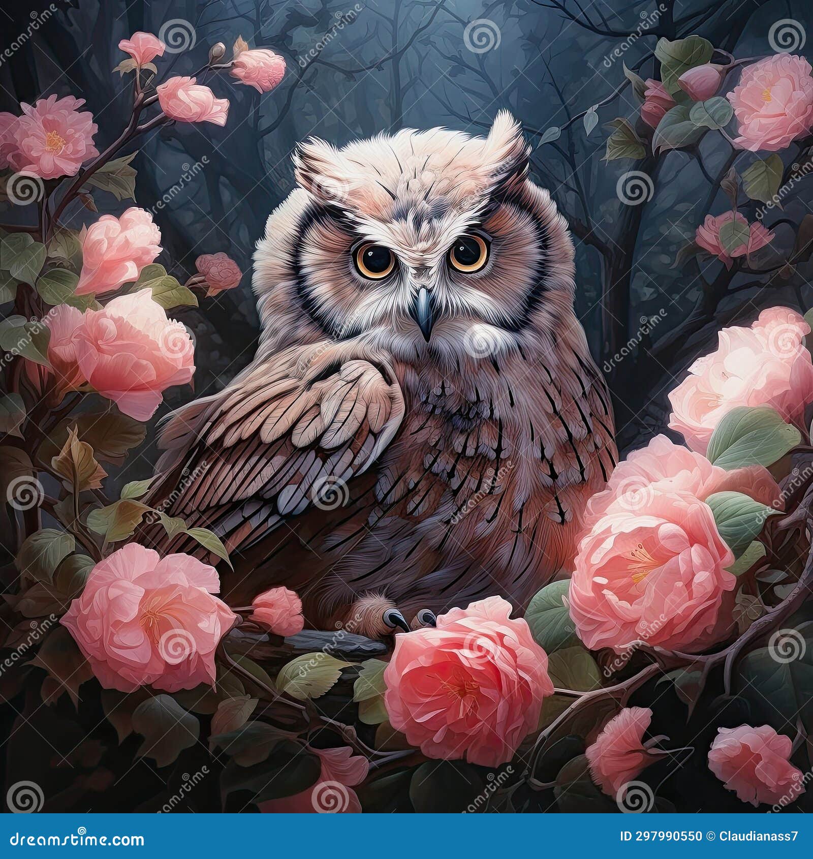 Illustration of a Soft Cute Owl on a Rose Branch Stock Photo - Image of ...