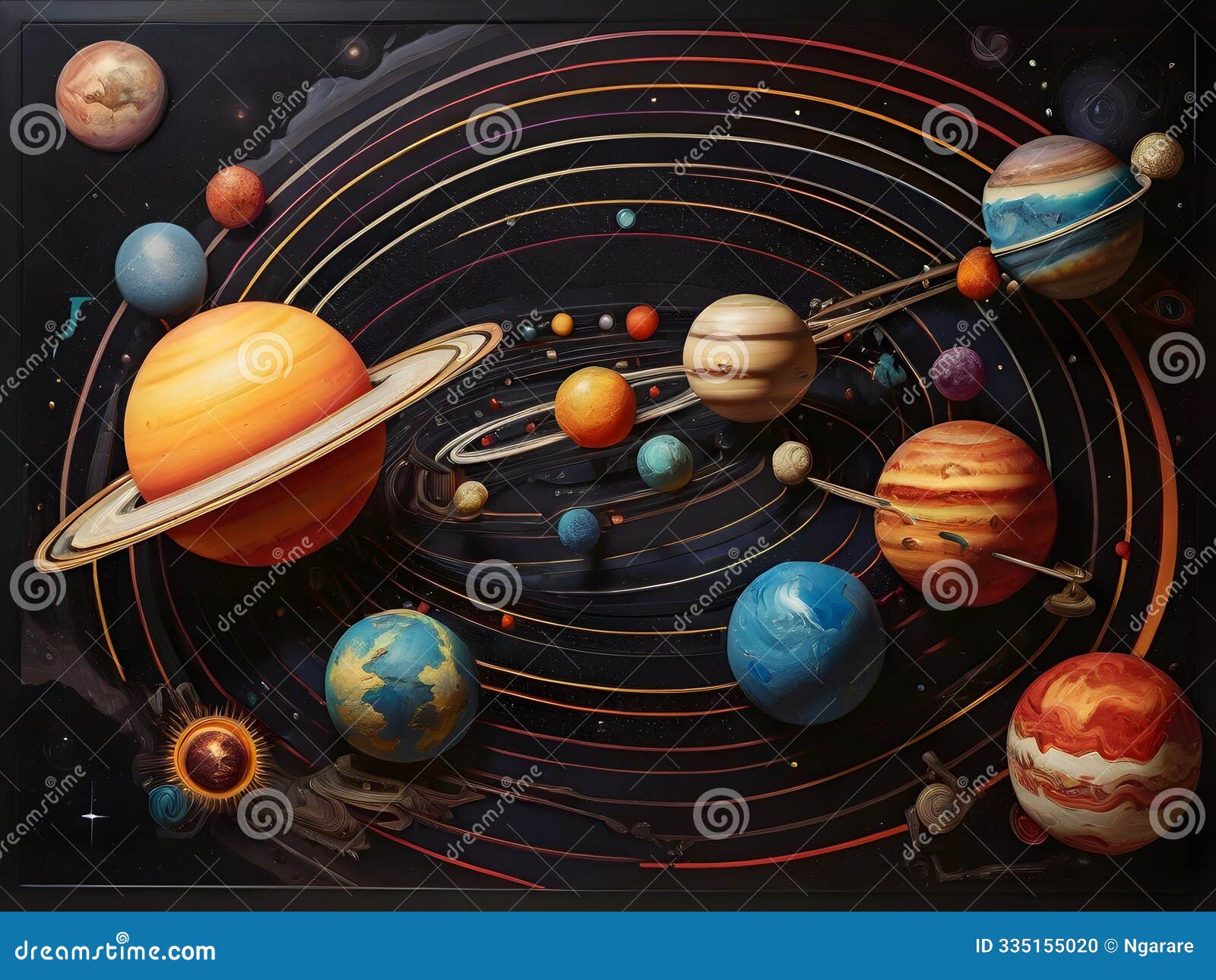 Illustration of a Solar System with Multiple Planets of Various Sizes ...