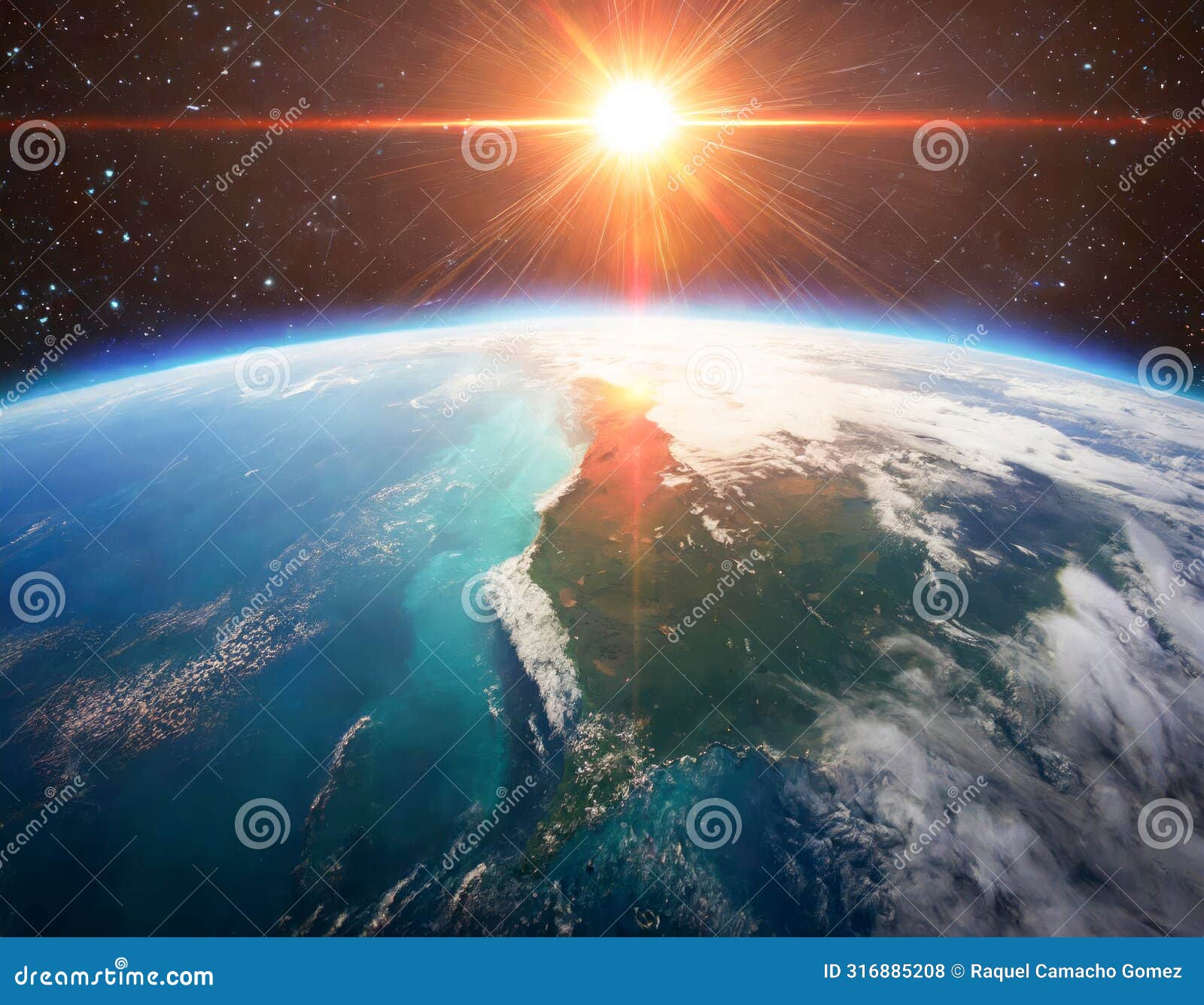 Illustration. Space Image of the Sun Shining Above Planet Earth Stock ...