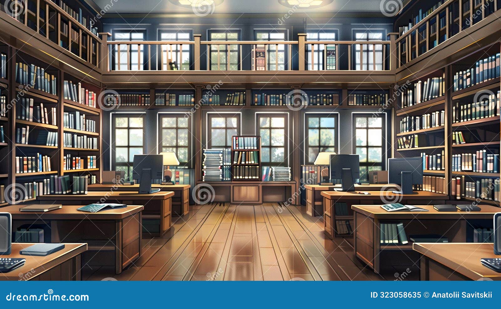 An Illustration of a Spacious Student Library with Large Bookshelves ...