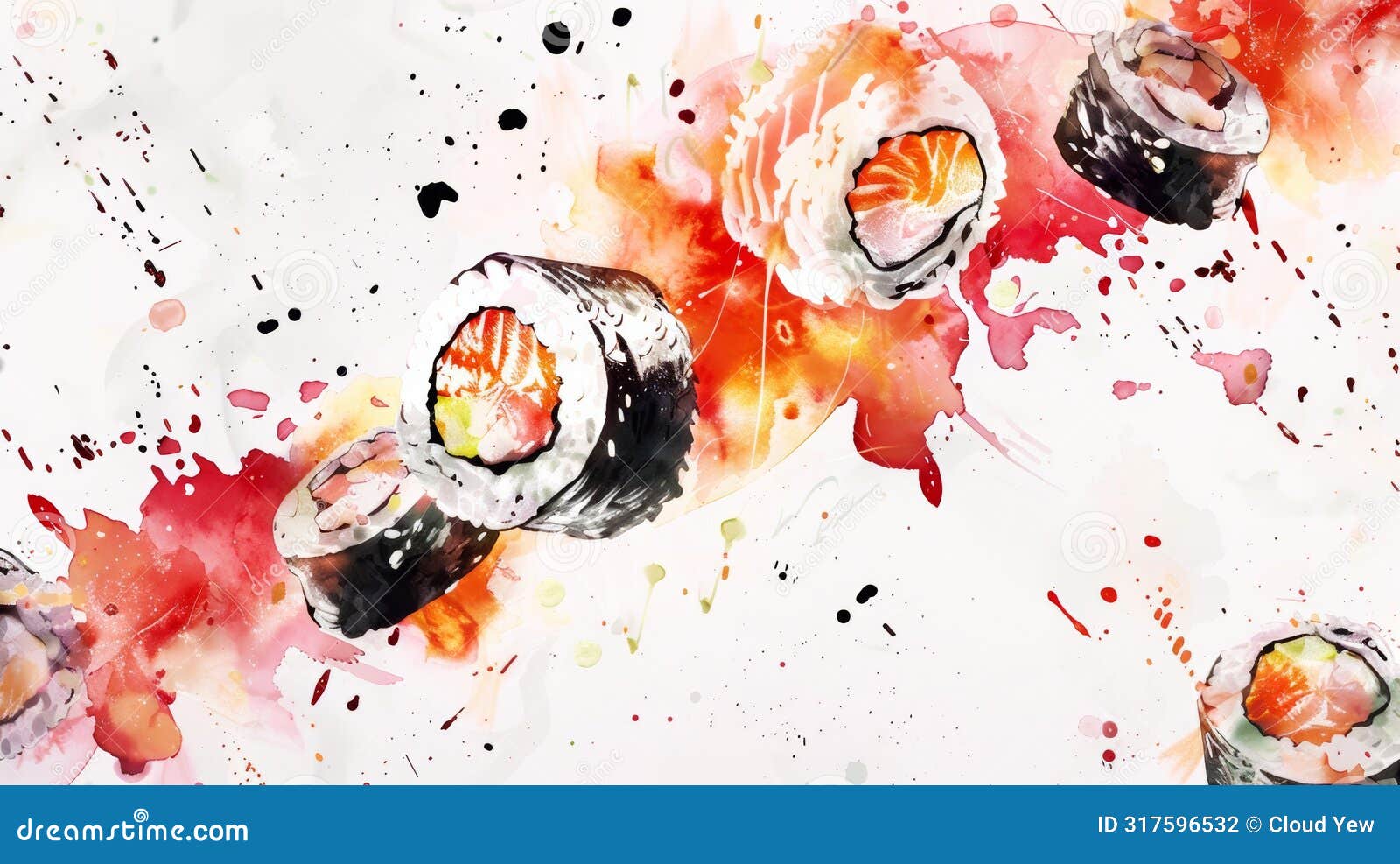Illustration of Spinning Sushi Rolls in a Dynamic Watercolor Technique ...