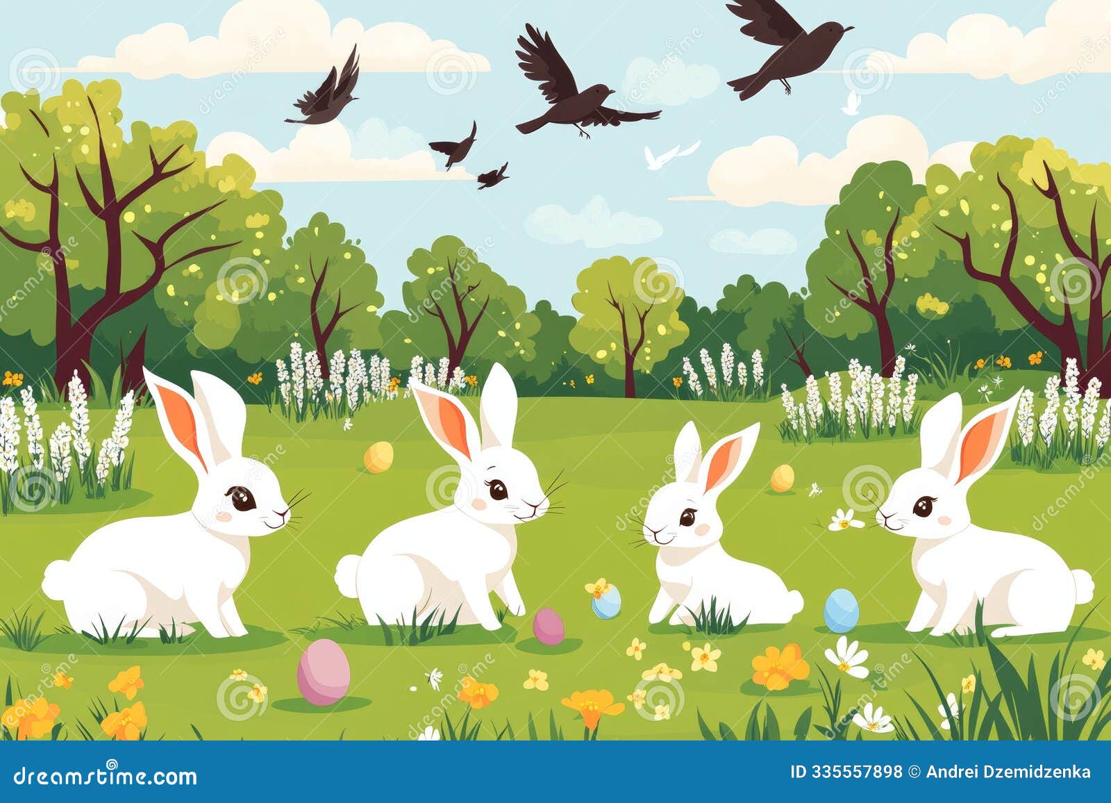 An Illustration of a Spring Landscape with Rabbits in Hand Drawn Style ...