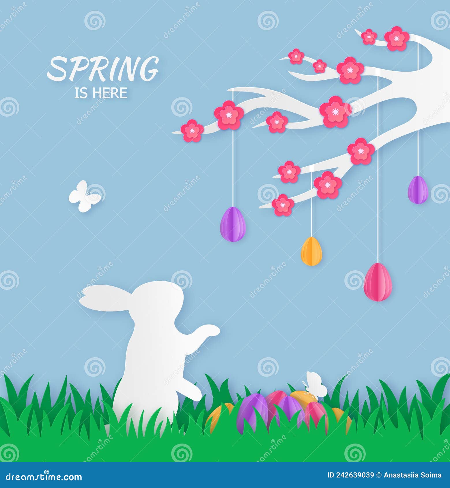 Illustration of Spring in Paper Cut Style. Vector with Rabbit and ...