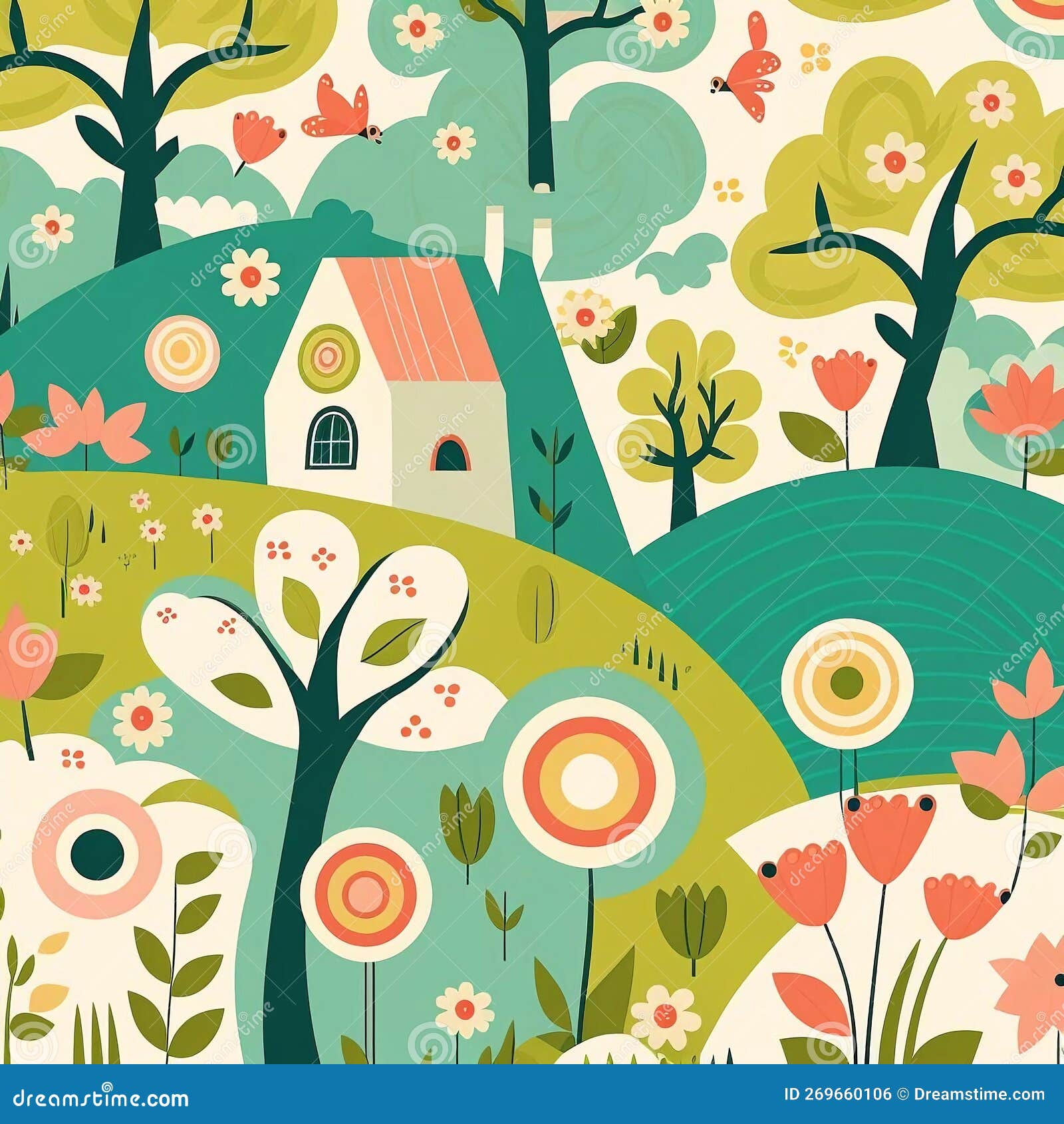 Illustration of Spring Pattern with Bloom Flowers and Trees Stock ...