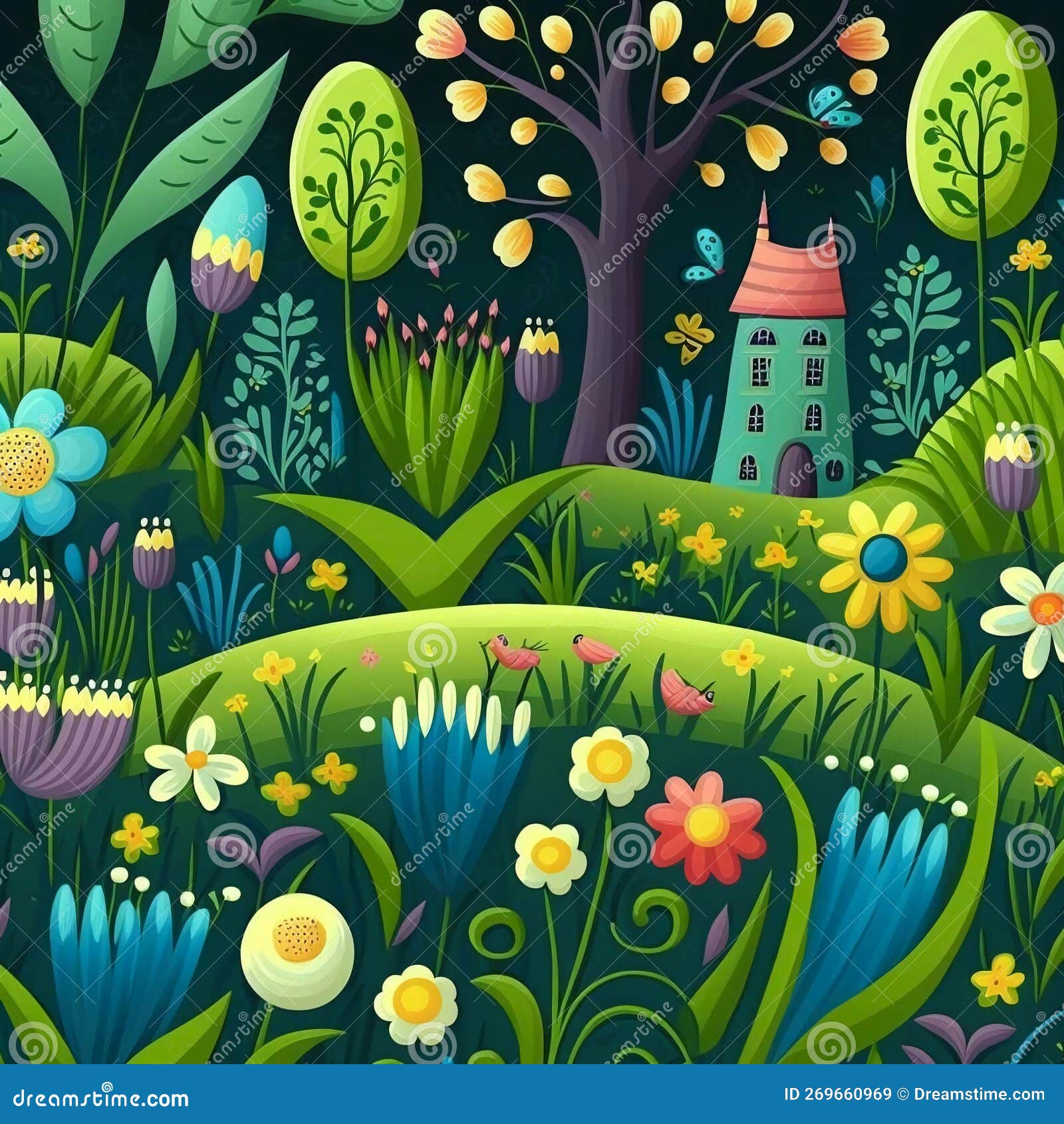 Illustration of Spring Pattern with Bloom Flowers and Trees Stock ...