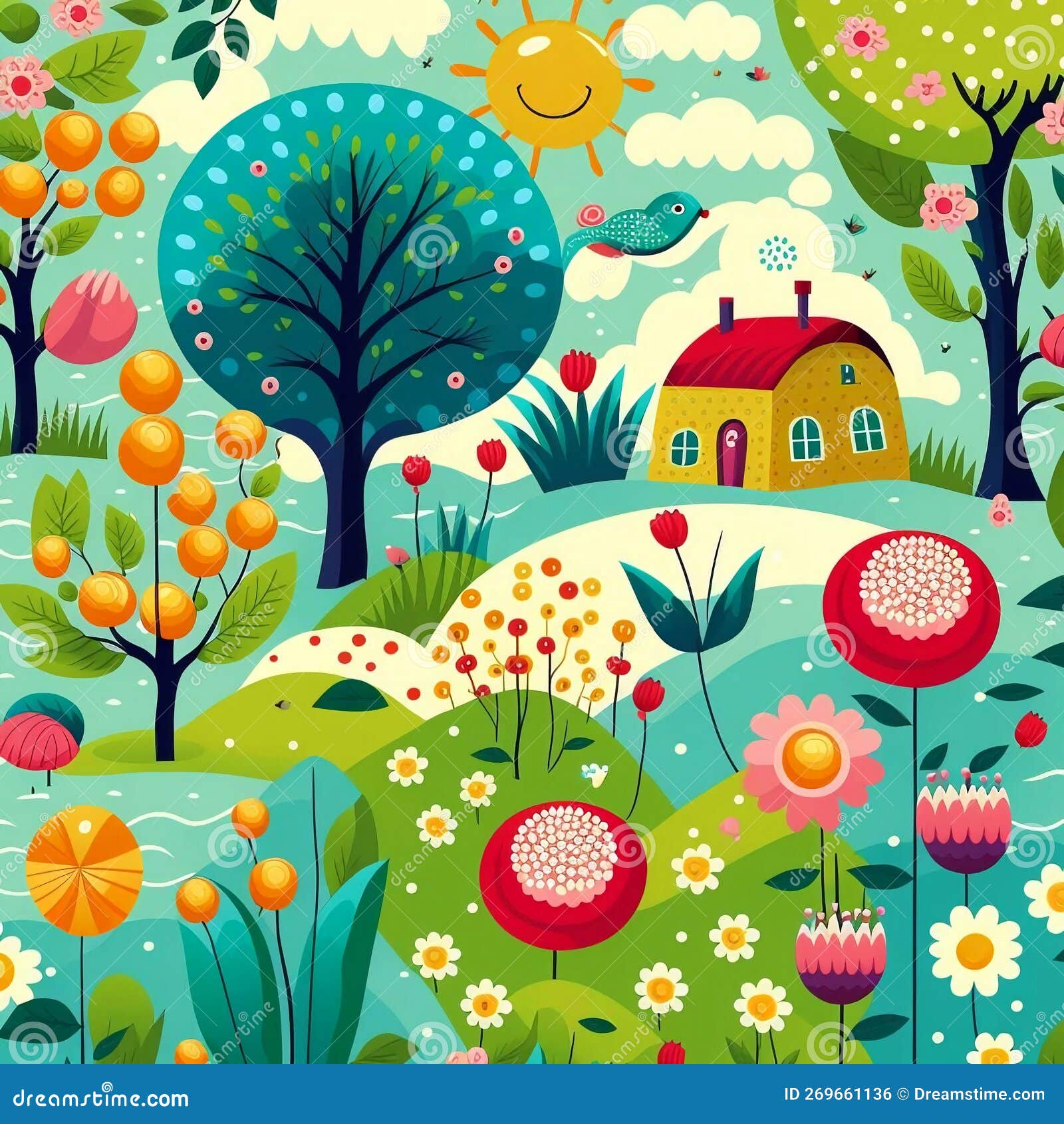 Illustration of Spring Pattern with Bloom Flowers and Trees Stock ...