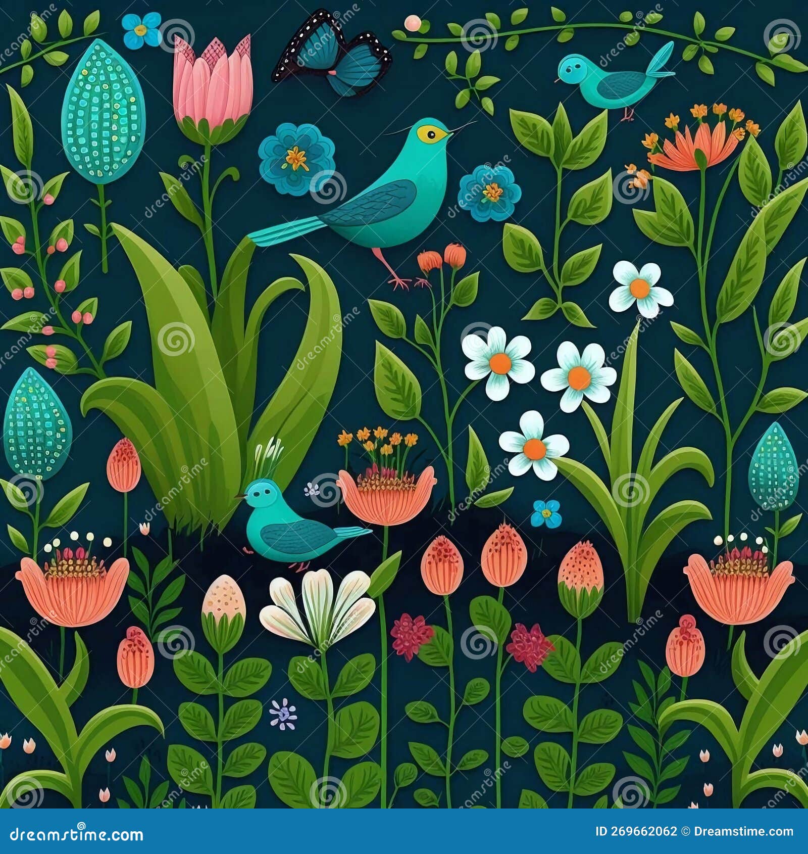 Illustration of Spring Pattern with Bloom Flowers and Trees Stock ...