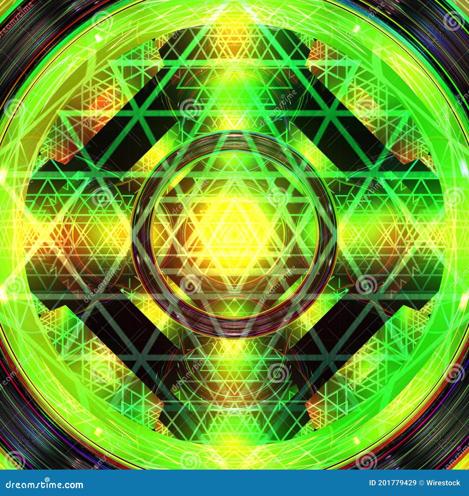 Illustration of a Sri Yantra Pattern with Neon Lights Against a Dark ...