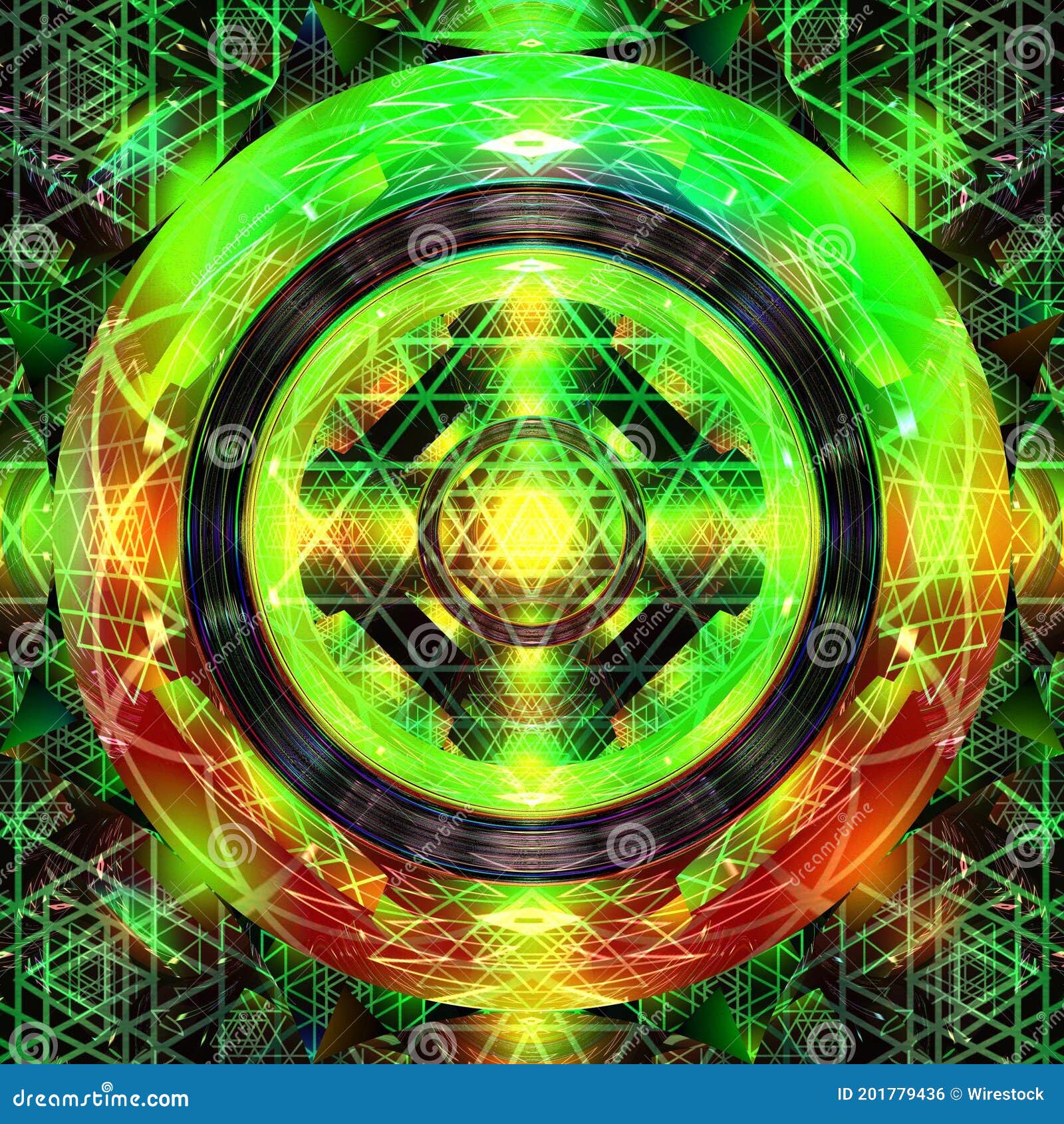 Illustration of a Sri Yantra Pattern with Neon Lights Against a Dark ...