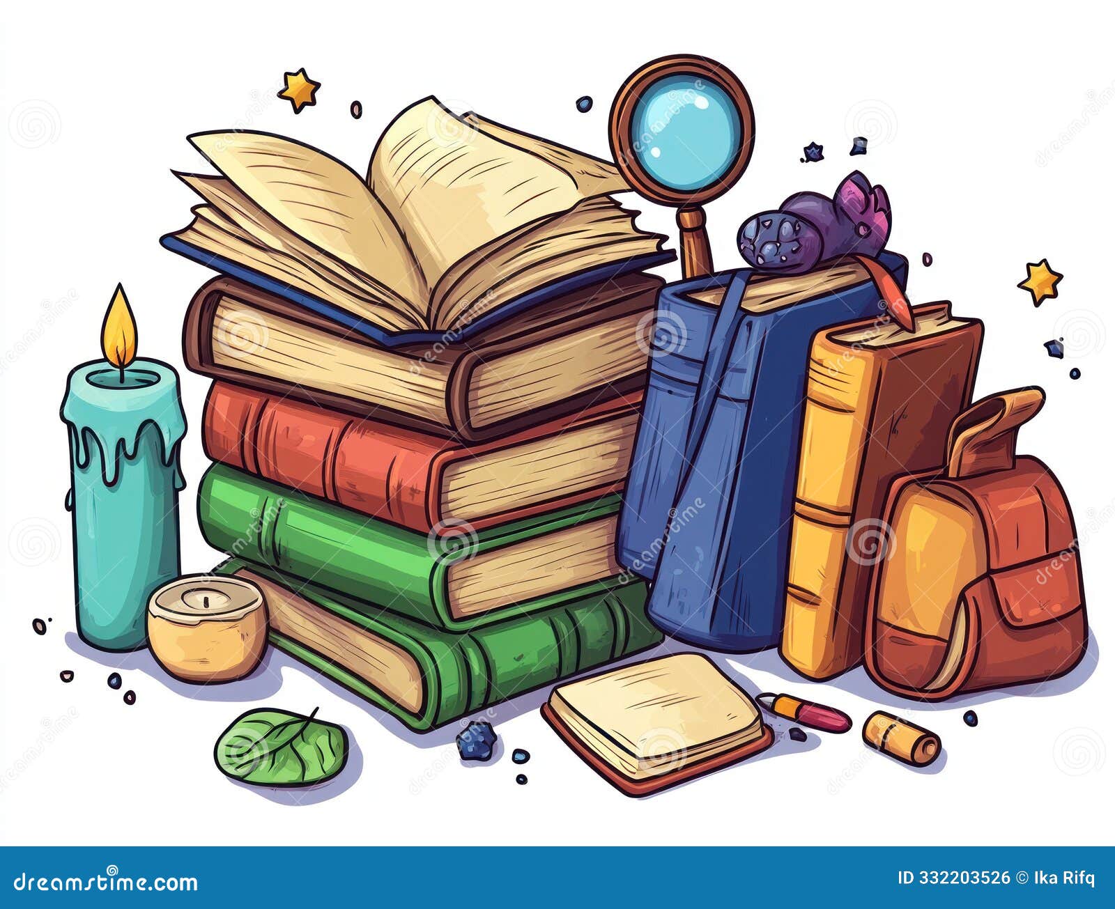 Illustration of a Stack of Books with a Candle, a Magnifying Glass, and ...