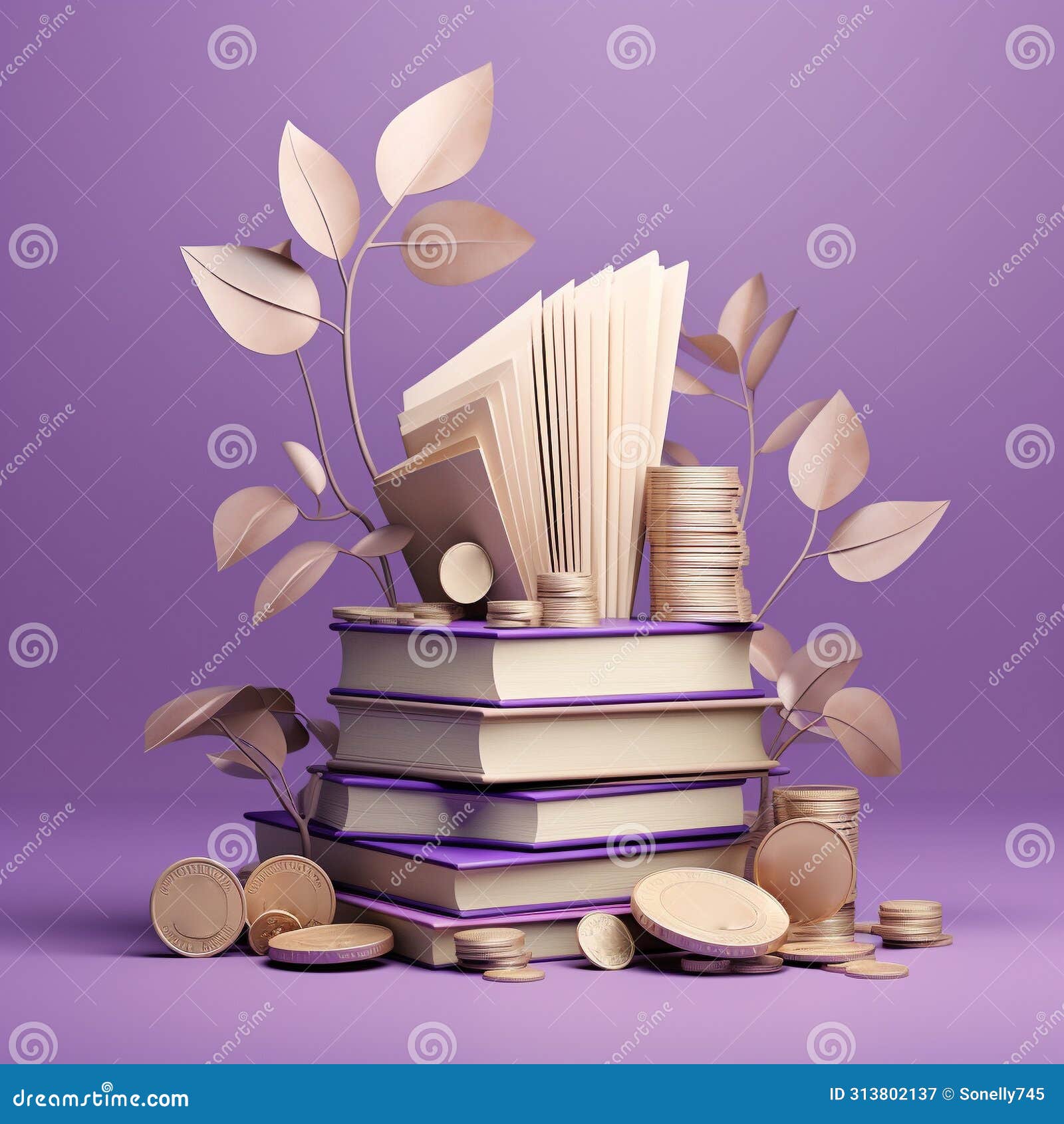 Illustration of a Stack of Books and Coins in Lilac Colors Stock ...