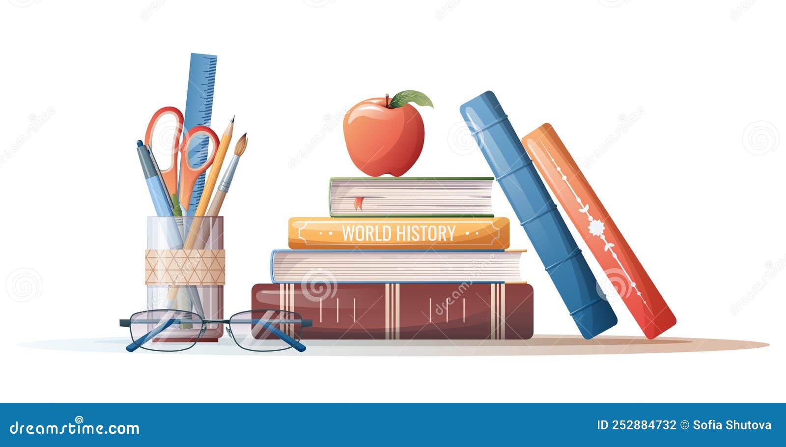 Illustration of a Stack of Books with Stationery. School Theme, Study ...