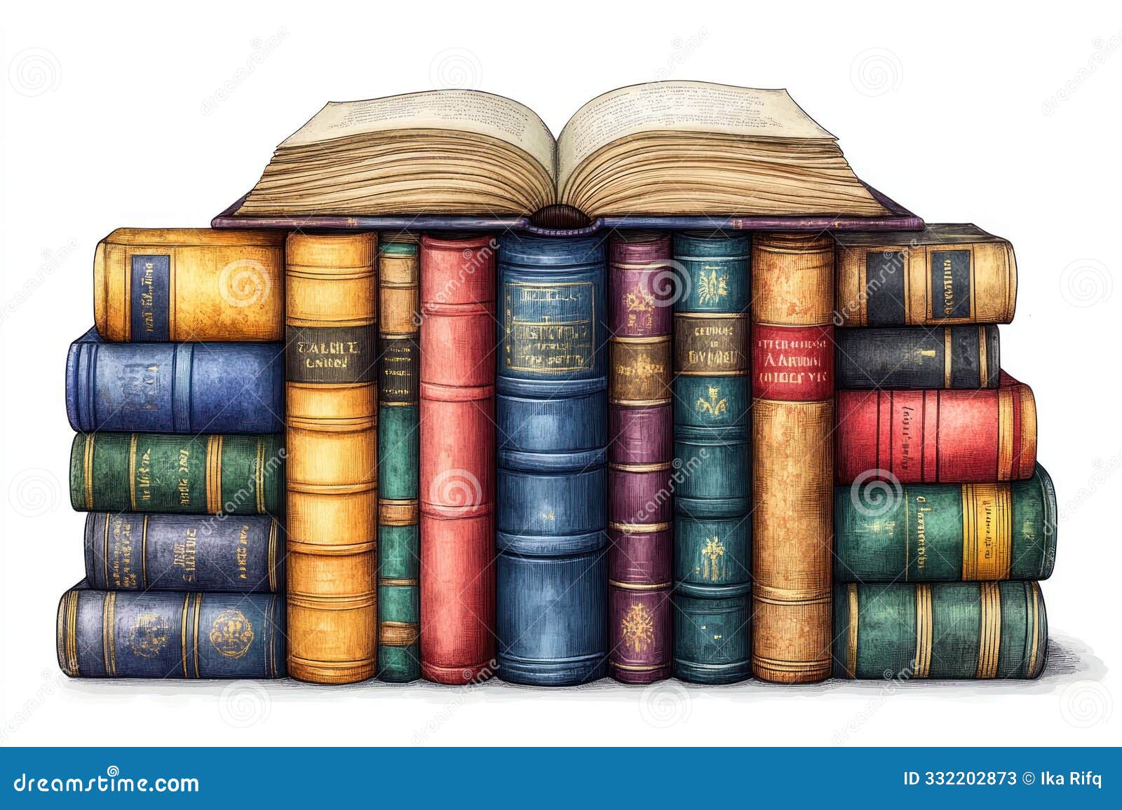 Illustration of a Stack of Old Books with an Open Book on Top Stock ...
