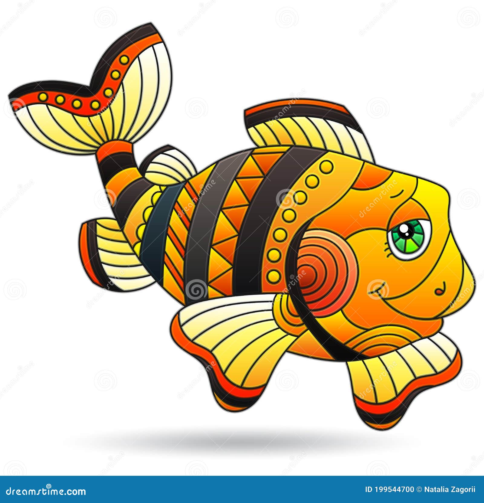 Stained Glass Illustration with a Bright Cartoon Fish Isolated on a ...