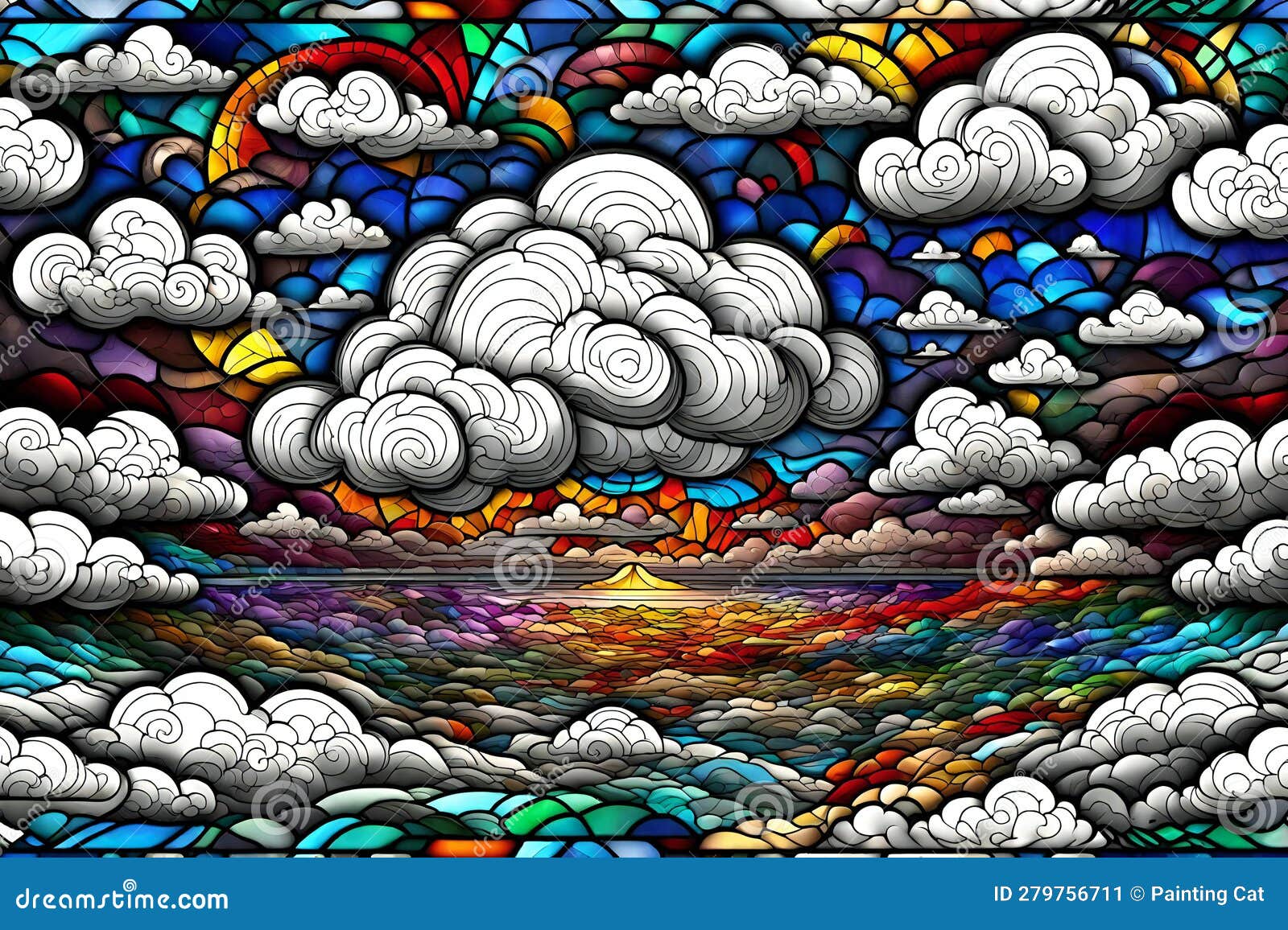Illustration in Stained Glass Style with Abstract Clouds, Sun and Sky ...
