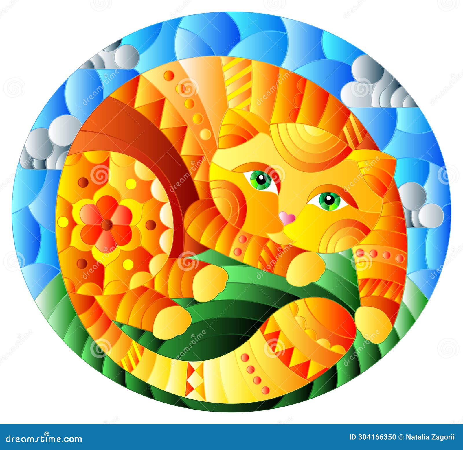 An Illustration in Stained Glass Style with Abstract Cute Red Cat on a ...