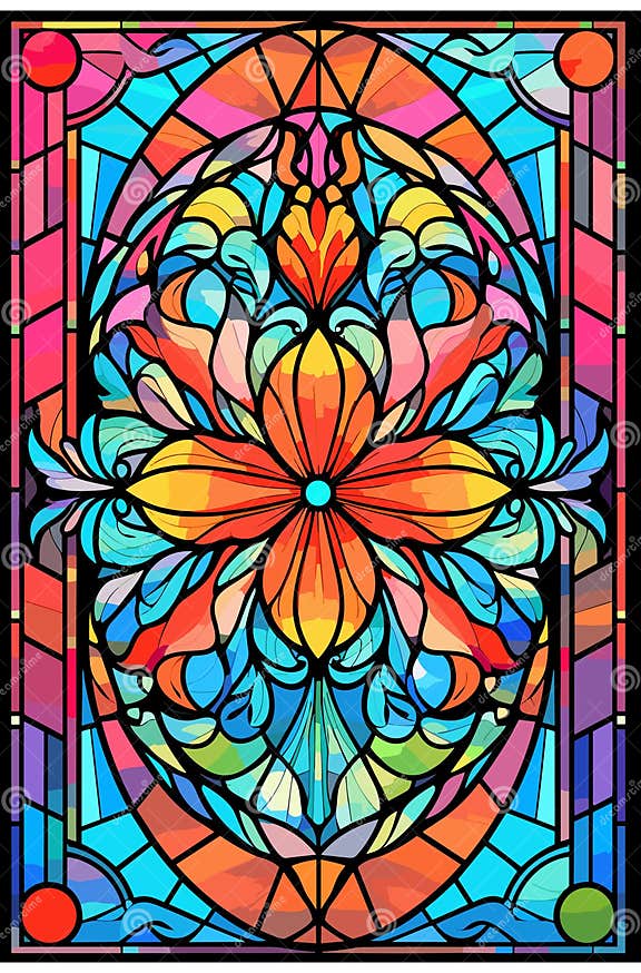 Illustration in Stained Glass Style with Abstract Flowers, Leaves and ...