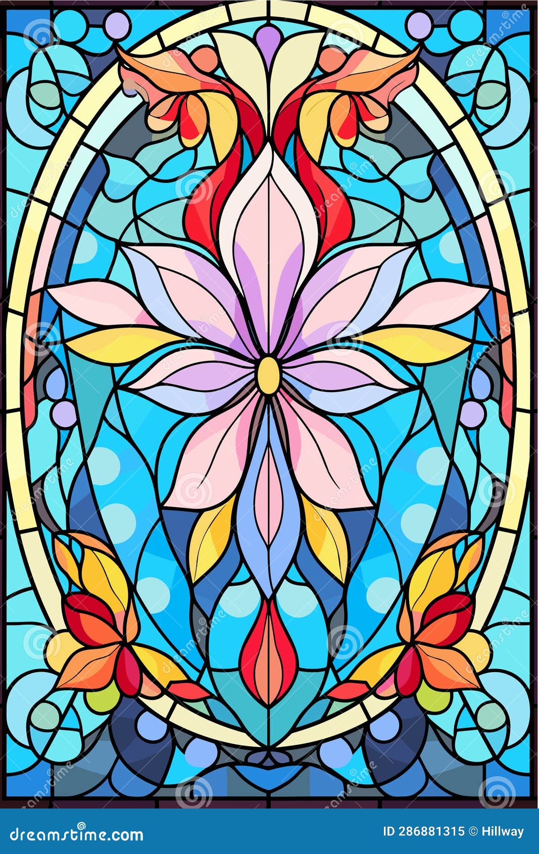 Illustration in Stained Glass Style with Abstract Flowers, Leaves and ...