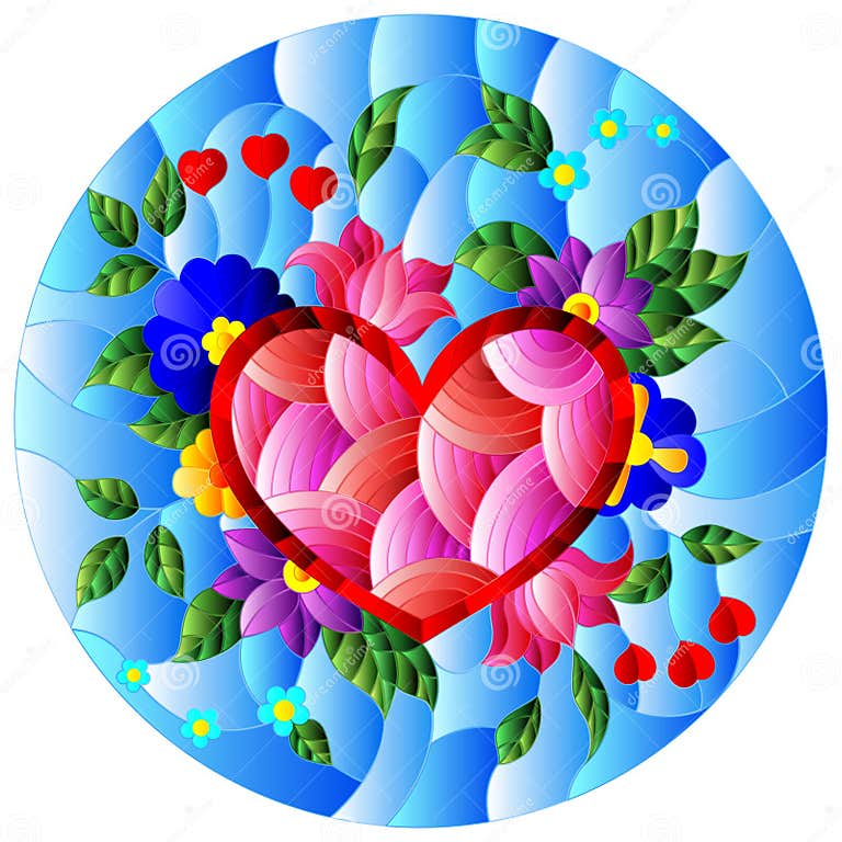 An Illustration In Stained Glass Style With Abstract Heart And Flowers