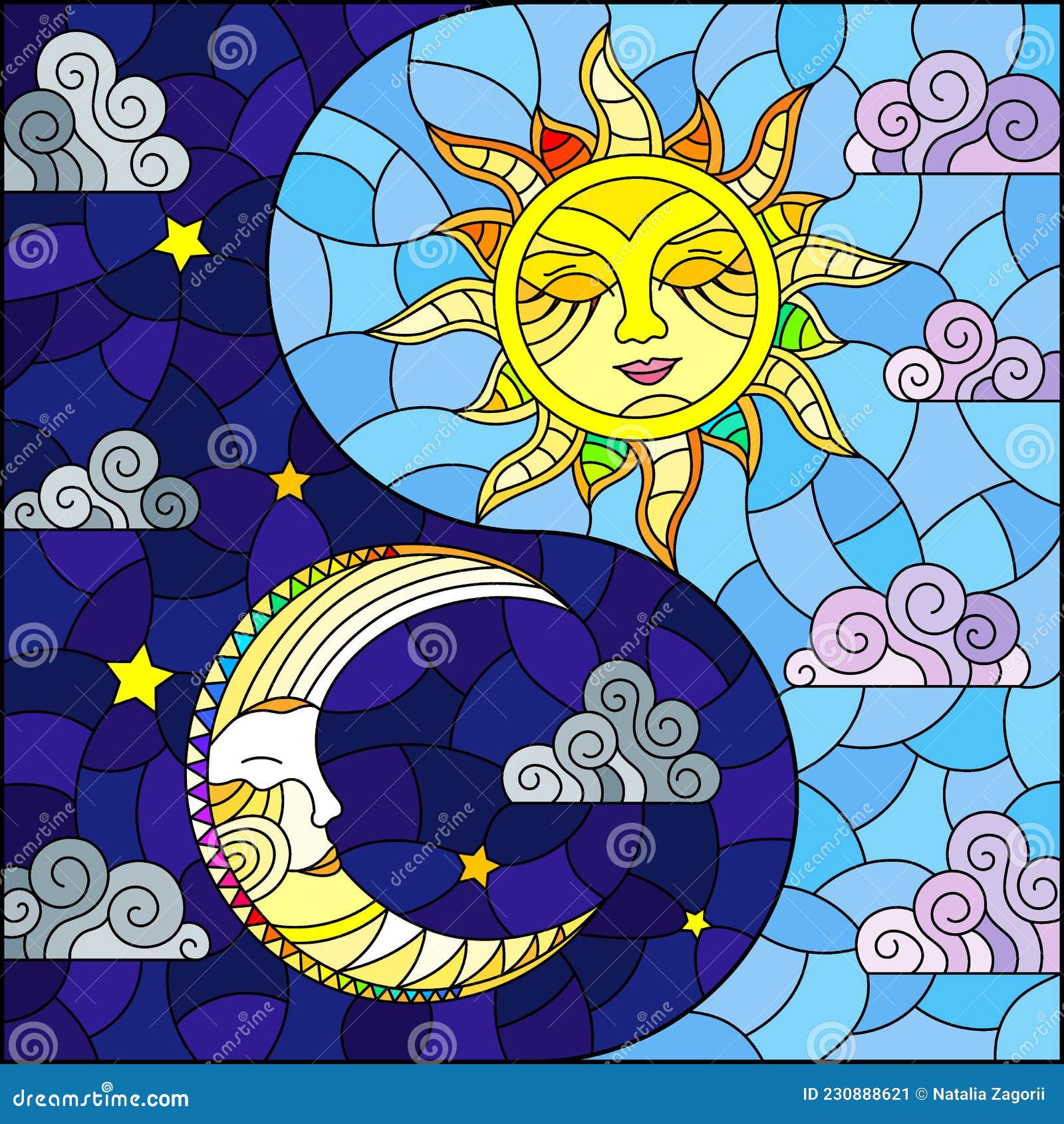 Stained Glass Illustration with Abstract Sun and Moon in the Sky ...