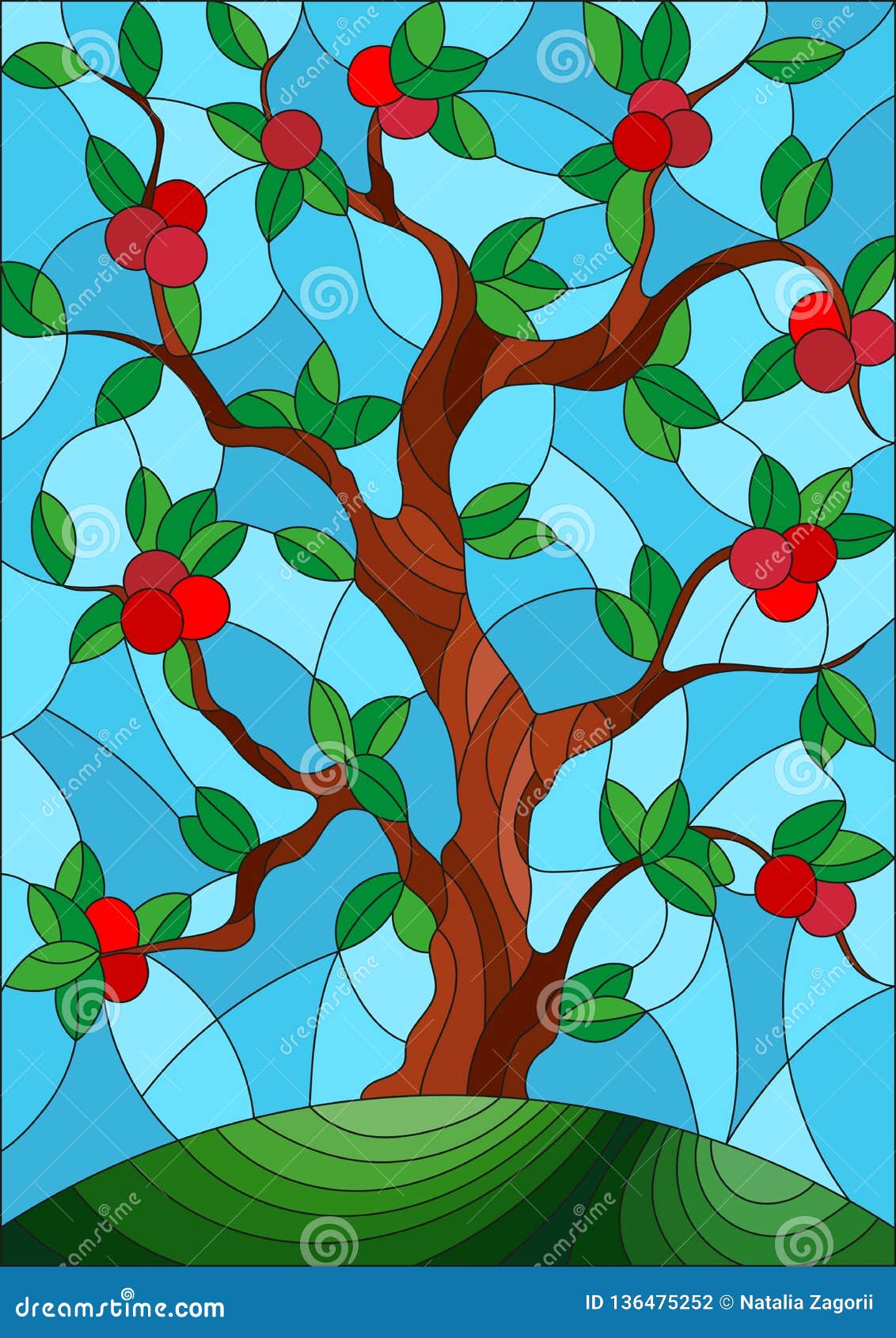 Stained Glass Illustration with an Apple Tree Standing Alone on a Hill ...