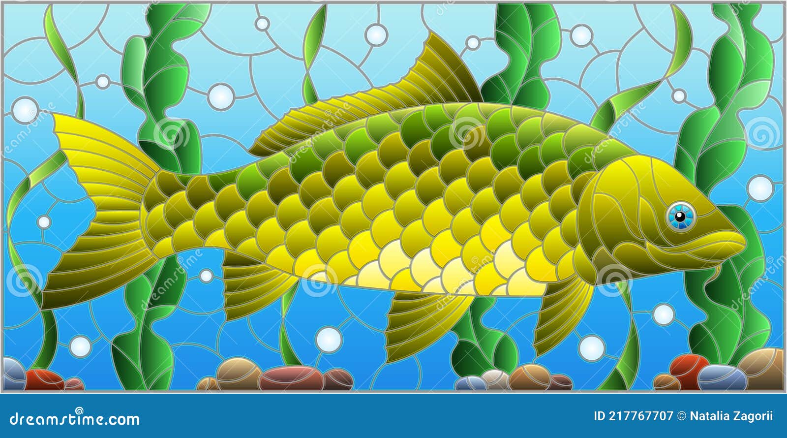 Stained Glass Illustration with Carp Fish on the Background of Algae ...