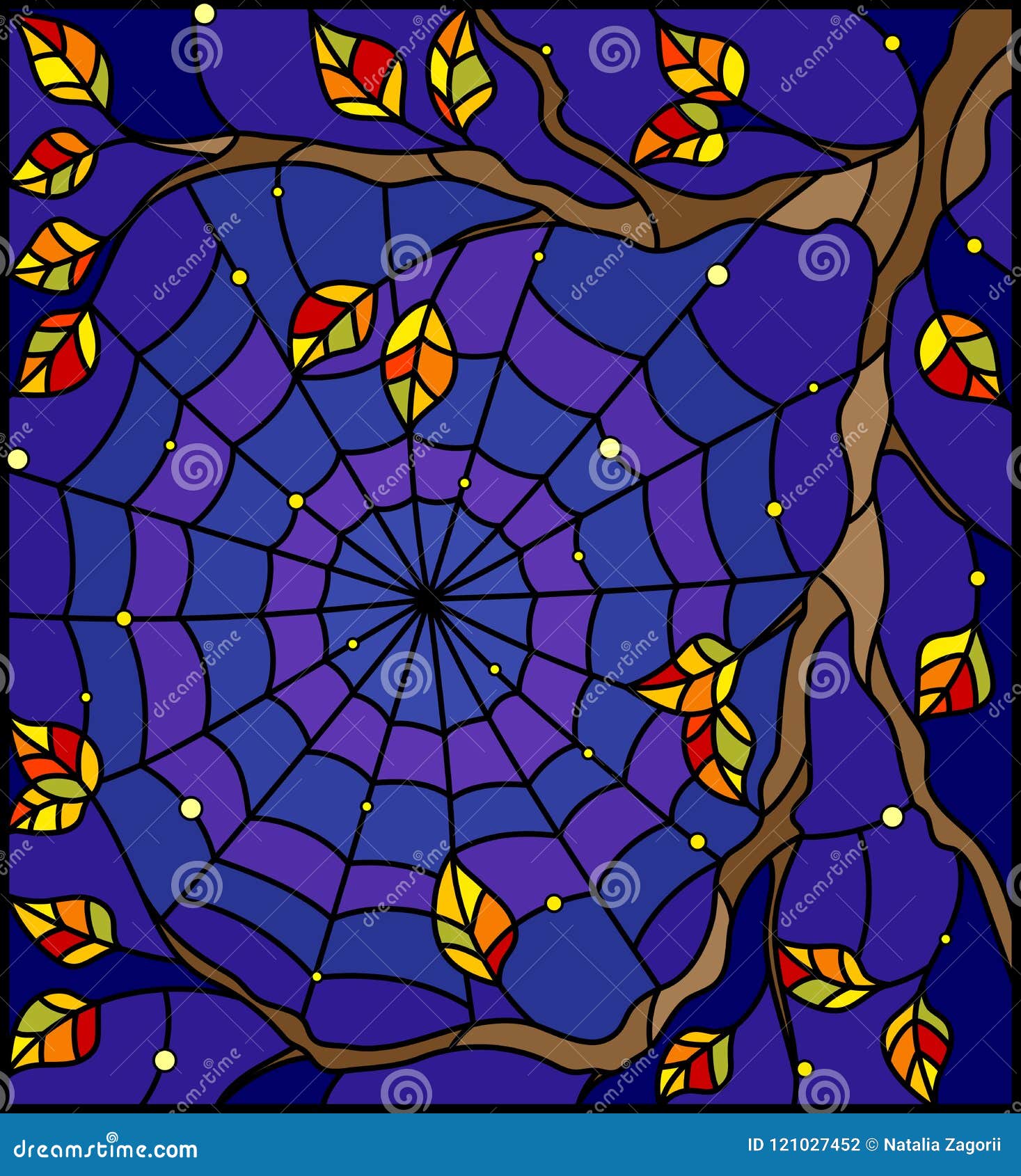 Stained Glass Illustration with Cobwebs on the Branches of a Tree ...