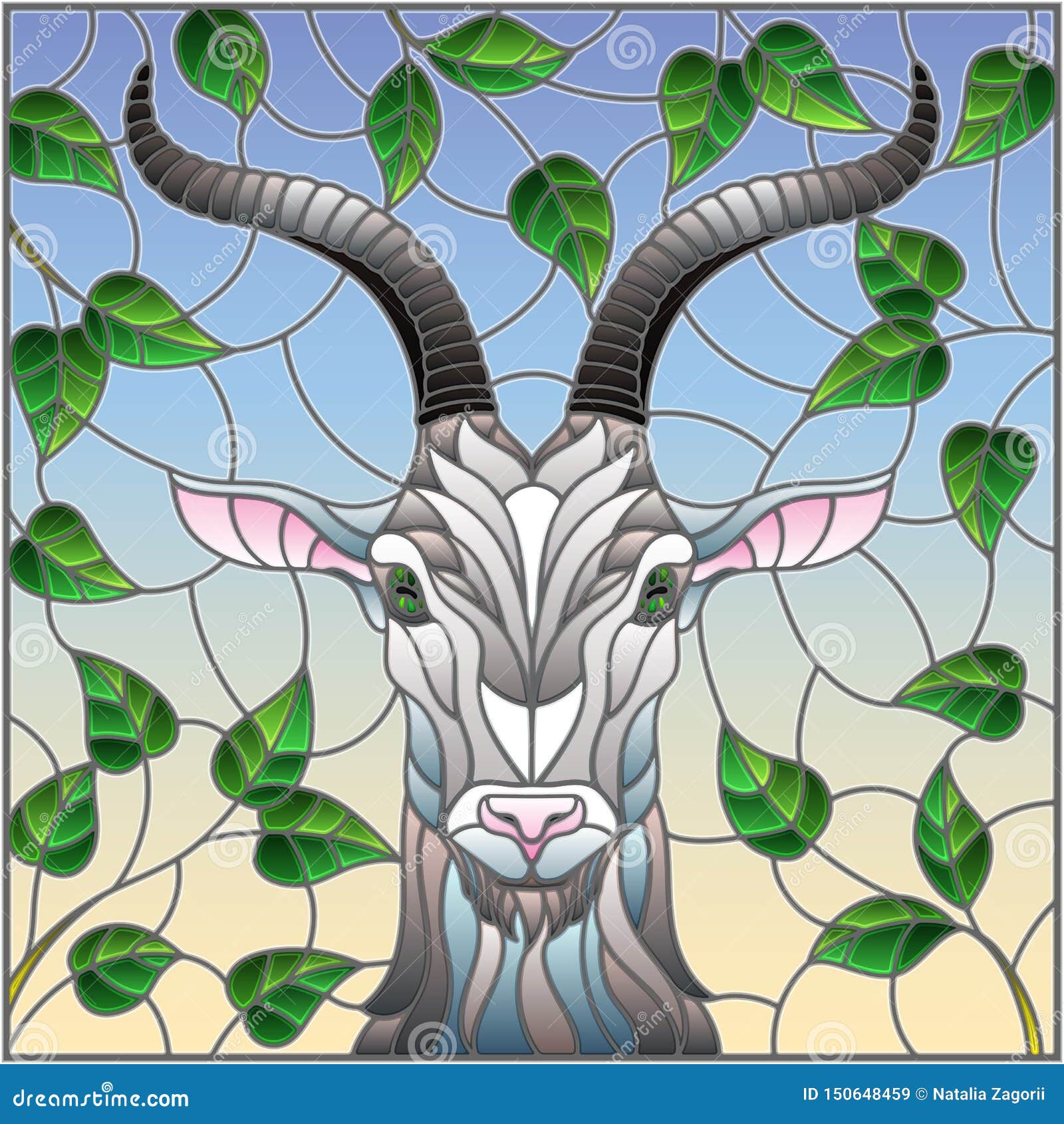 Stained Glass Illustration with Goat Head,on the Background of Tree ...