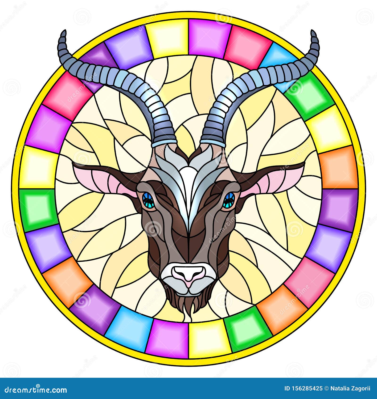 Stained Glass Illustration with Goat Head in Round Frame on White ...