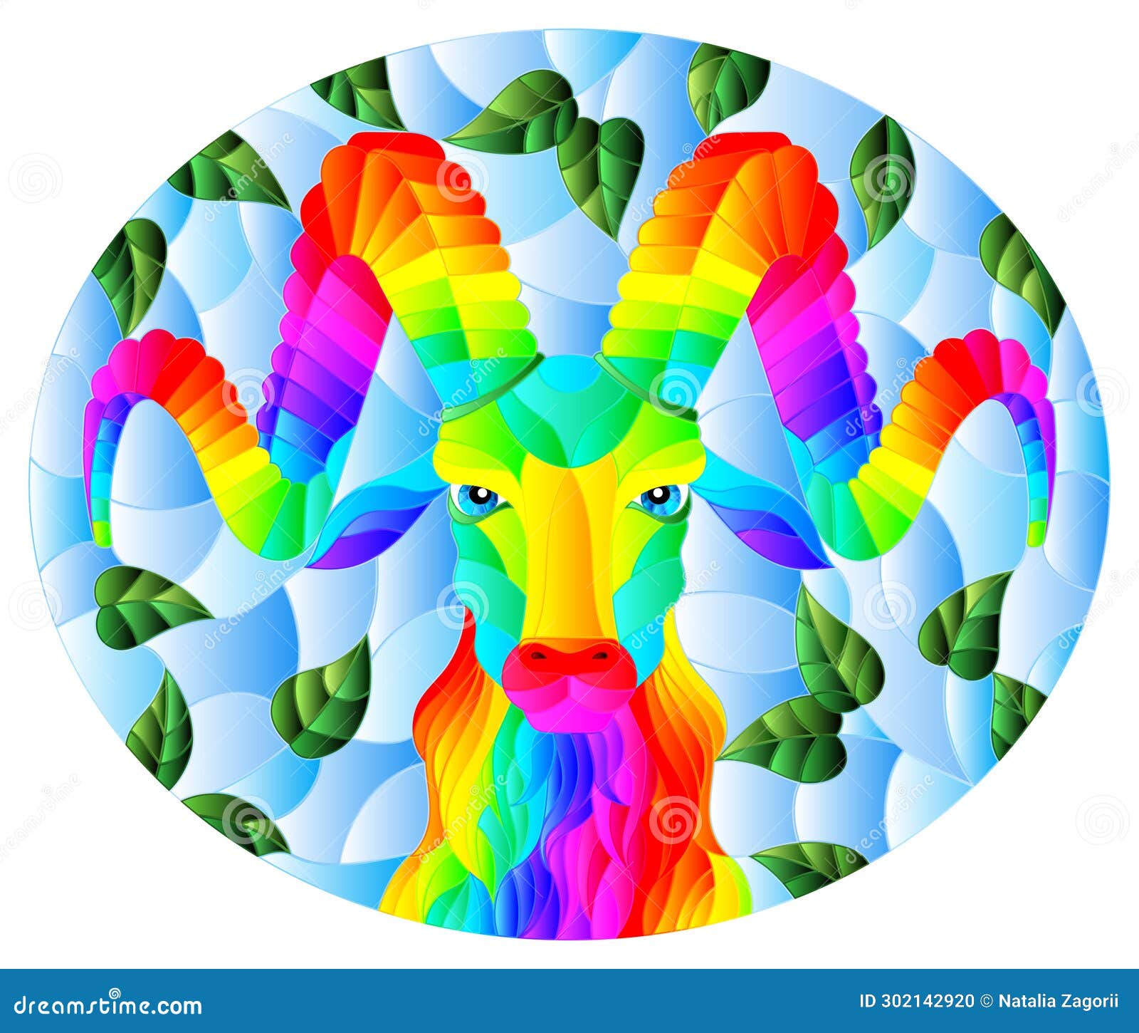 An Illustration in Stained Glass Style with the Head of a Rainbow Ram ...