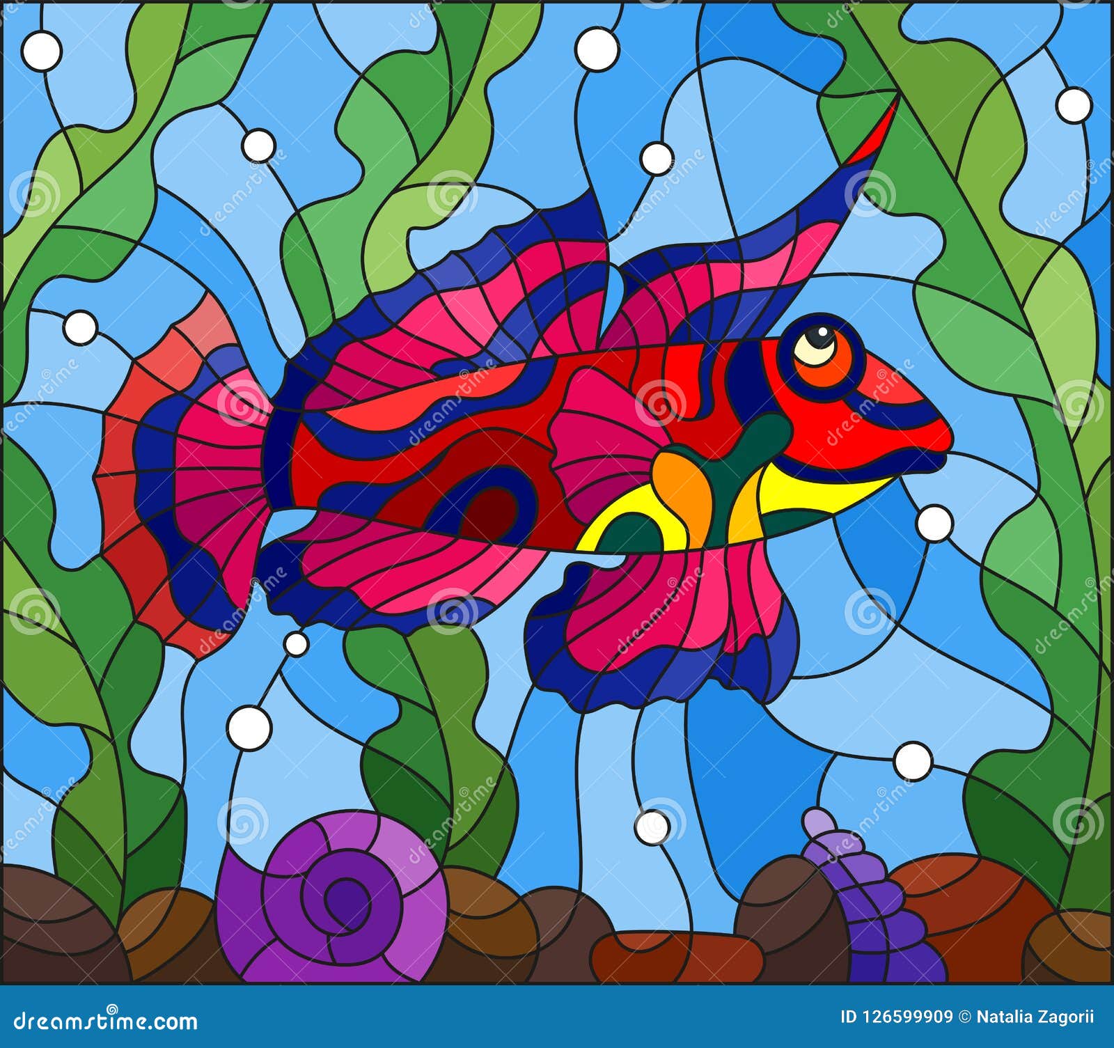 Stained Glass Illustration Mandarin Fish on the Background of Water and ...