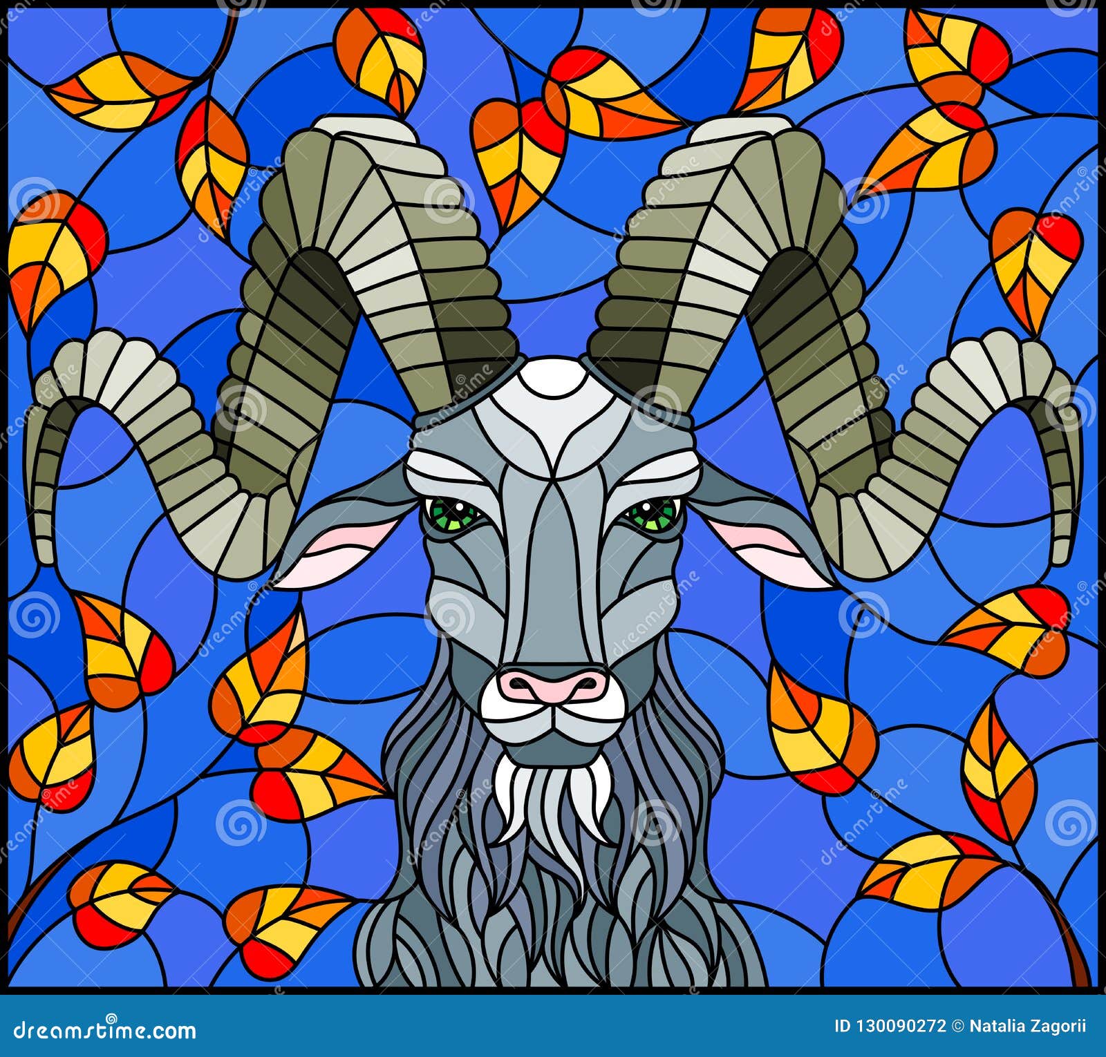 Stained Glass Illustration with Ram Head,on the Background of Autumn ...