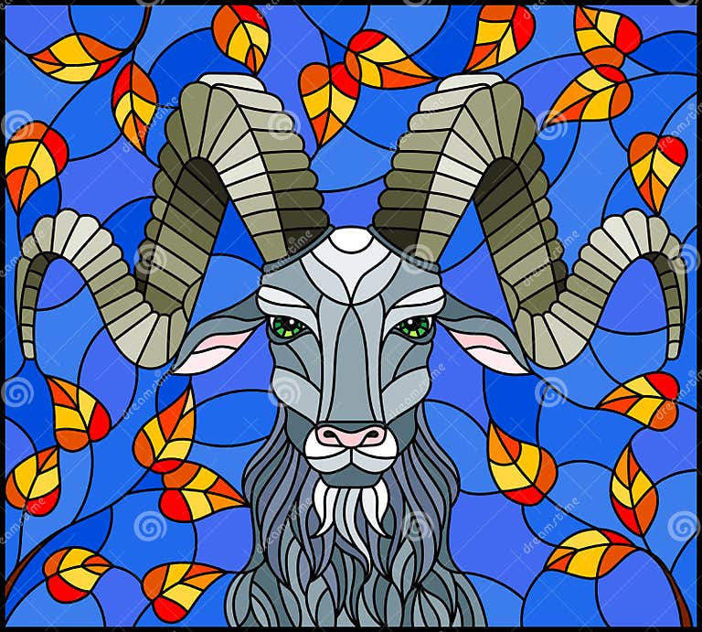 Stained Glass Illustration with Ram Head,on the Background of Autumn ...
