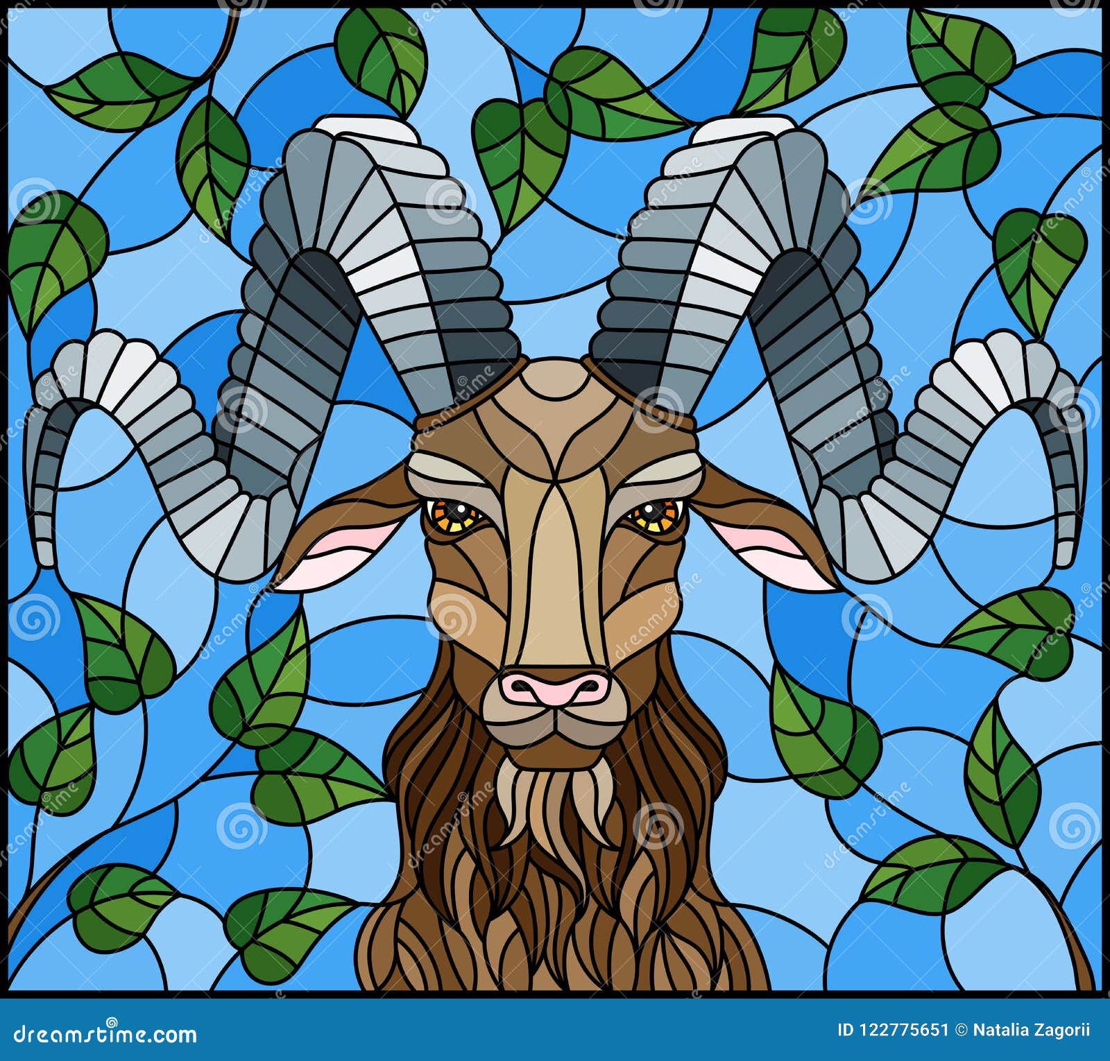 Stained Glass Illustration with Ram Head,on the Background of Tree ...