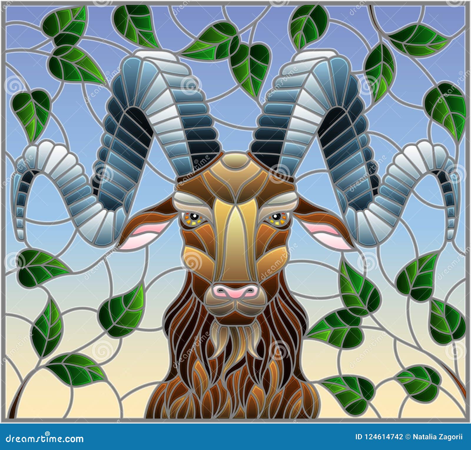 Stained Glass Illustration with Ram Head,on the Background of Tree ...