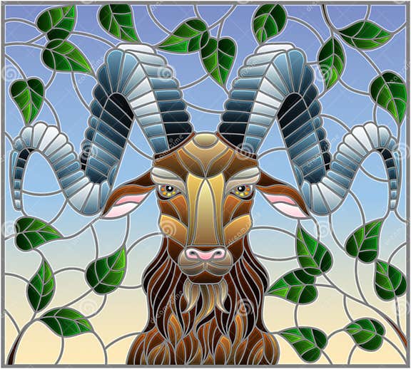 Stained Glass Illustration with Ram Head,on the Background of Tree ...