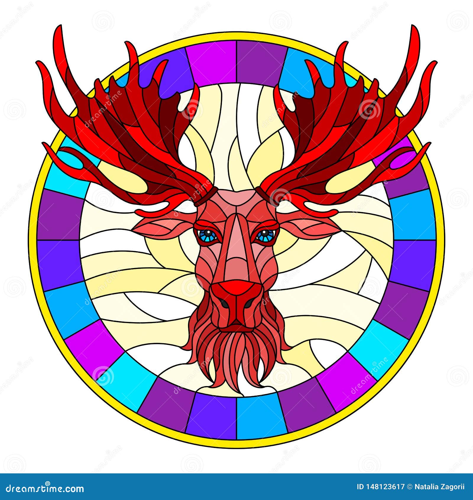 Stained Glass Illustration with Red Moose Head in Round Frame on White ...