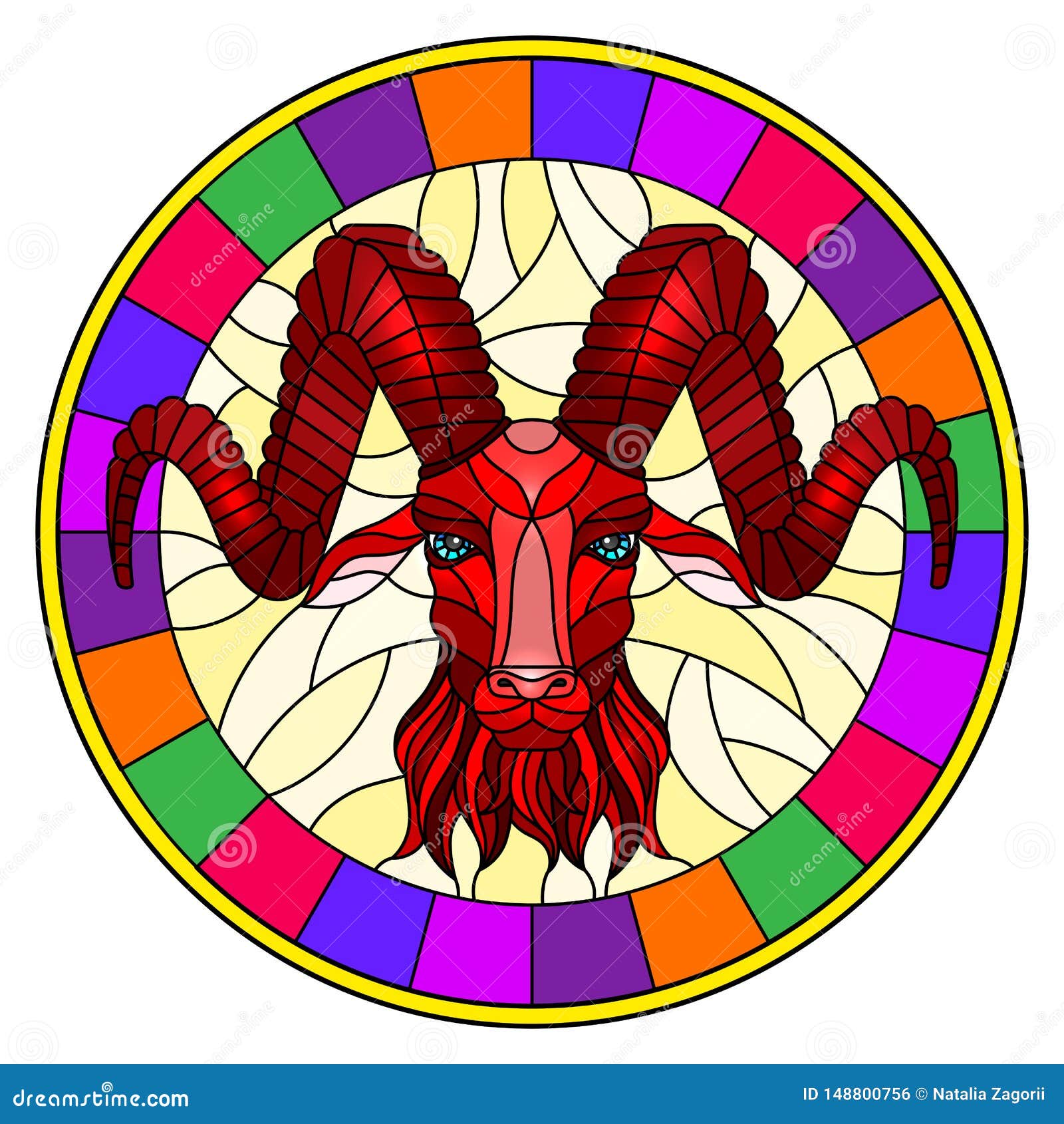 Stained Glass Illustration with Red Ram Head in Round Frame on White ...