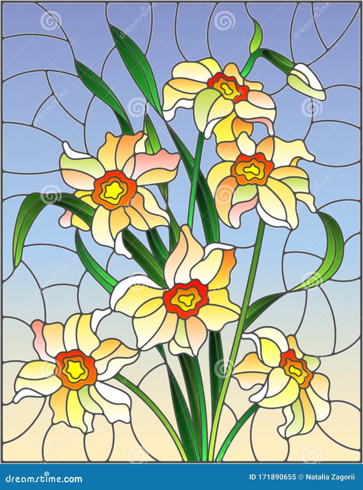 Stained Glass Illustration with Yellow Daffodils on Blue Background ...