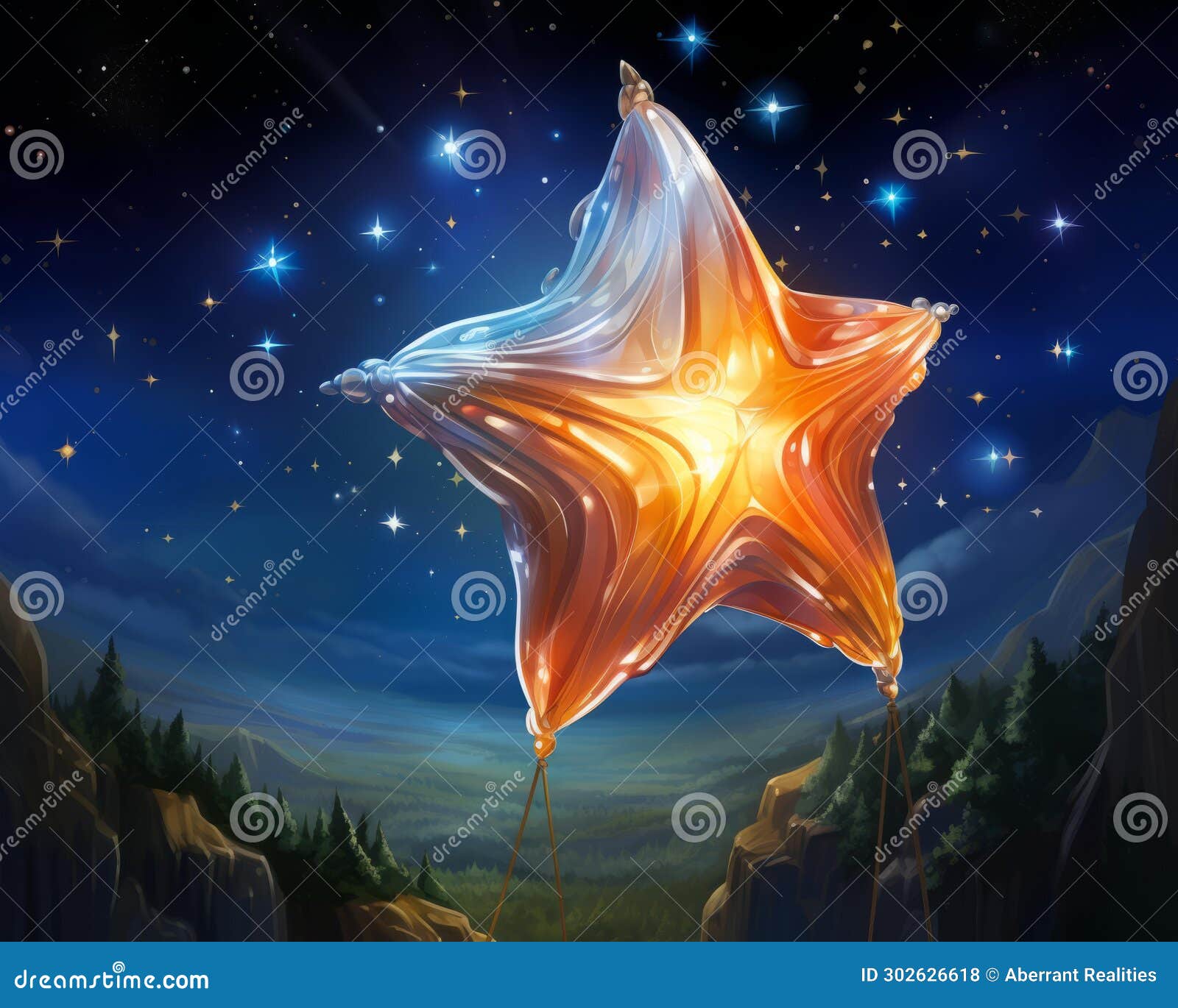 An Illustration of a Star Kite Flying in the Night Sky Stock ...