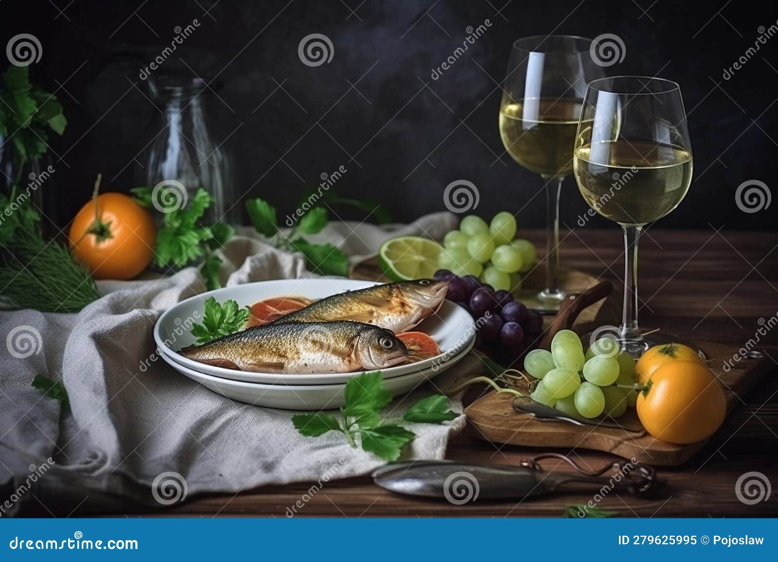 Illustration of Still Life with Fish, Wine and Fruit Created with ...