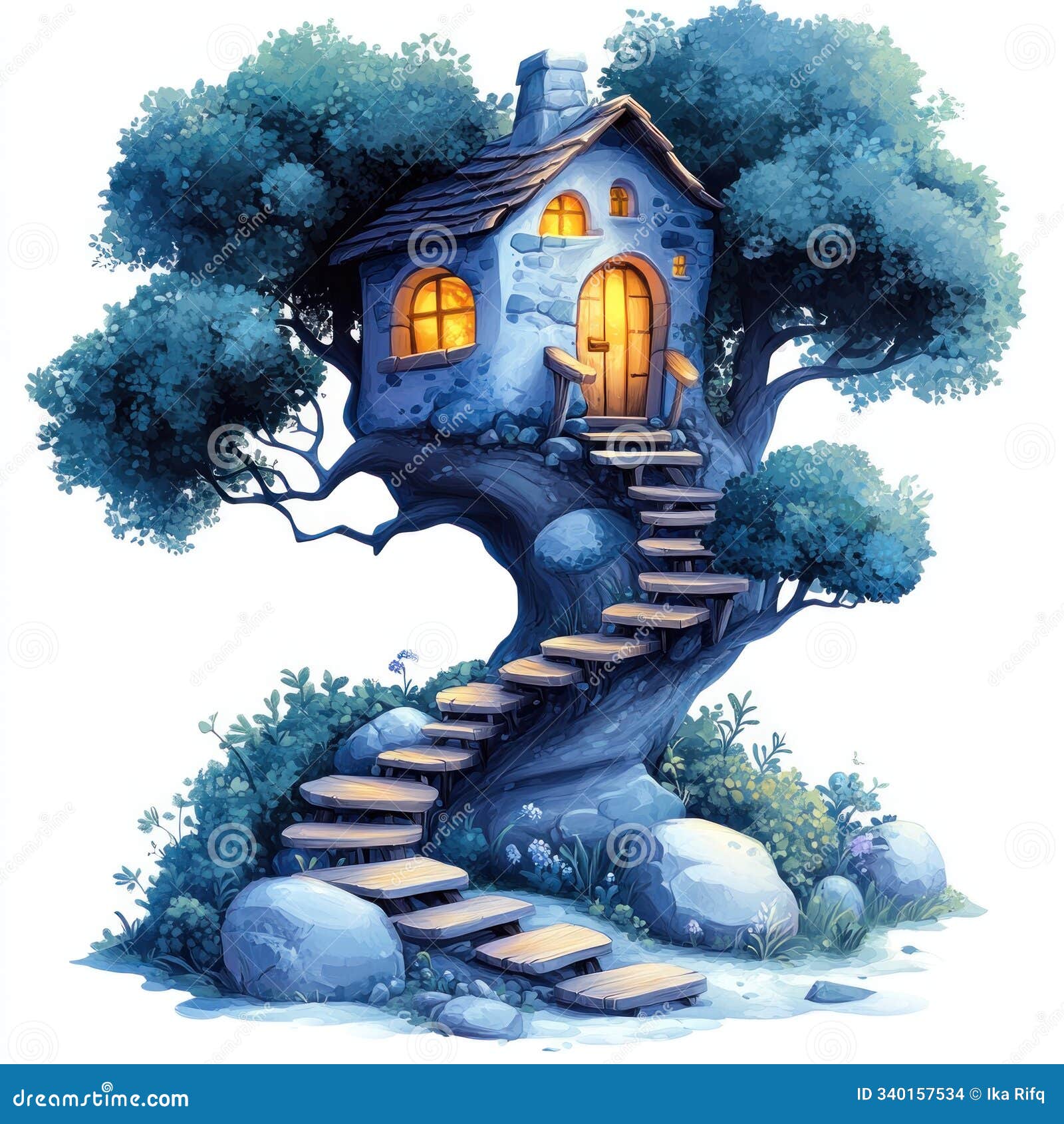 Illustration of a Stone House in a Tree with a Winding Staircase Stock ...