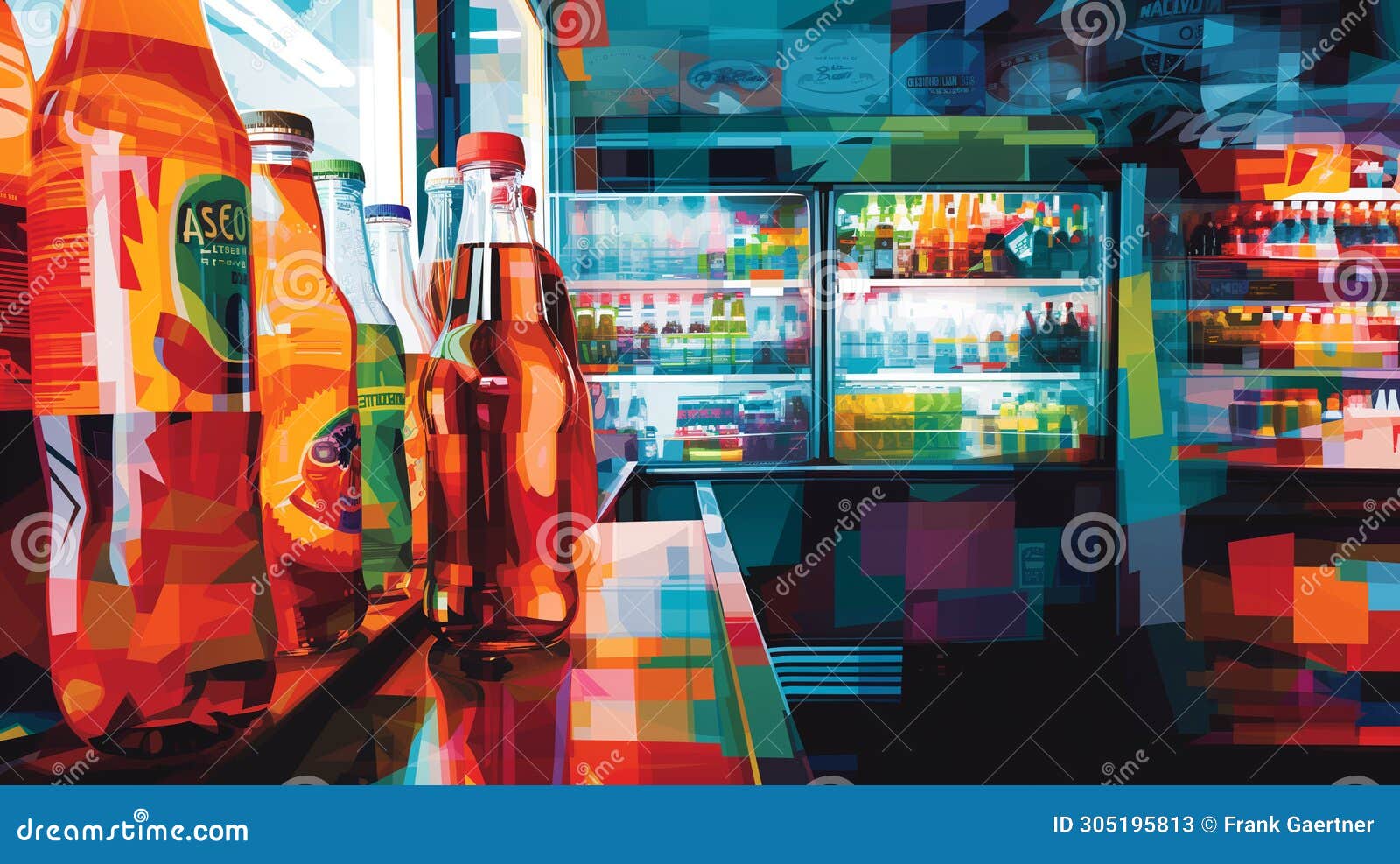 Illustration a Store with Vibrant Displays of Various Bottles, Creating ...