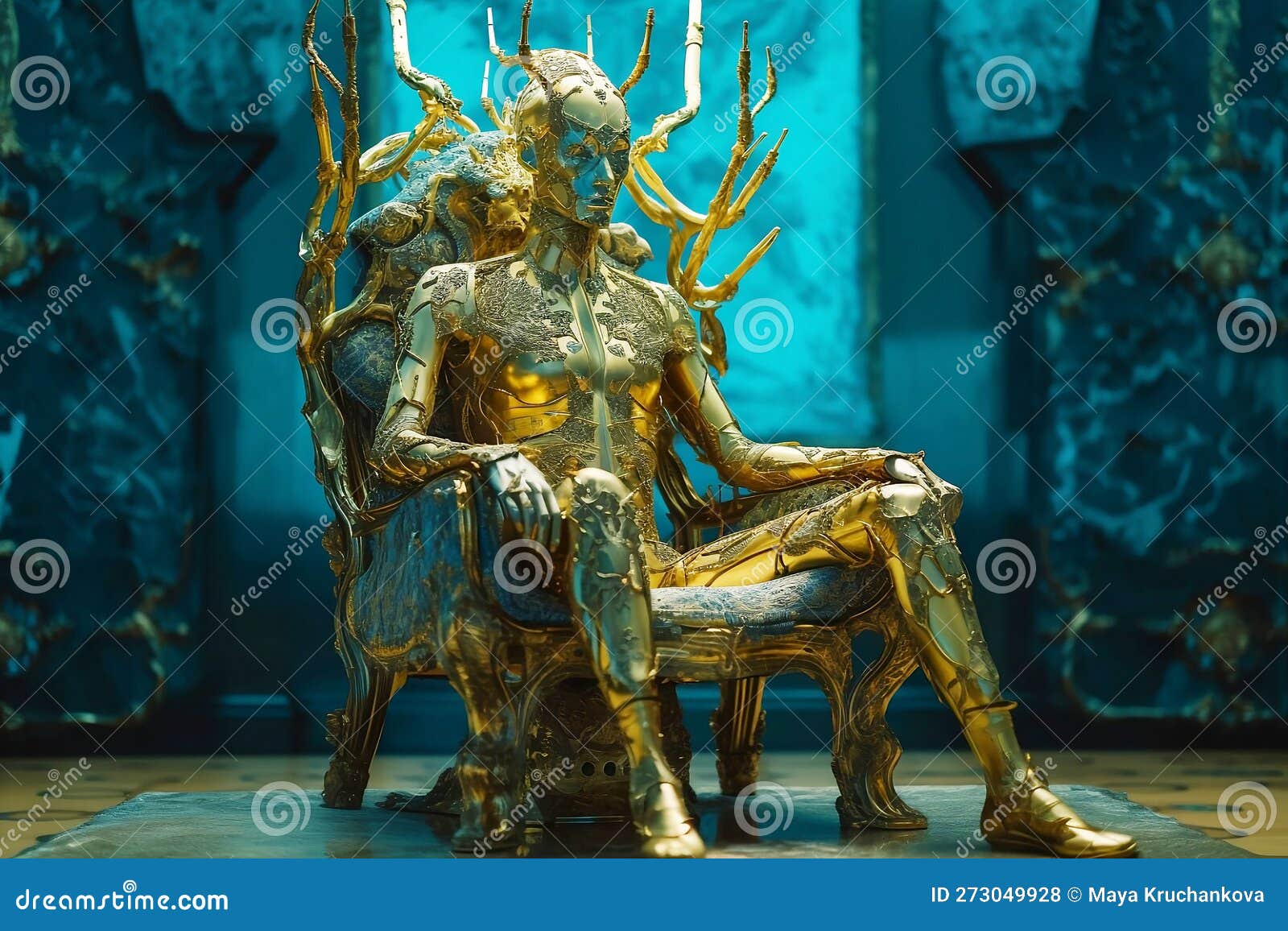 Illustration of Strange Gold Creature Sitting on Throne Stock ...