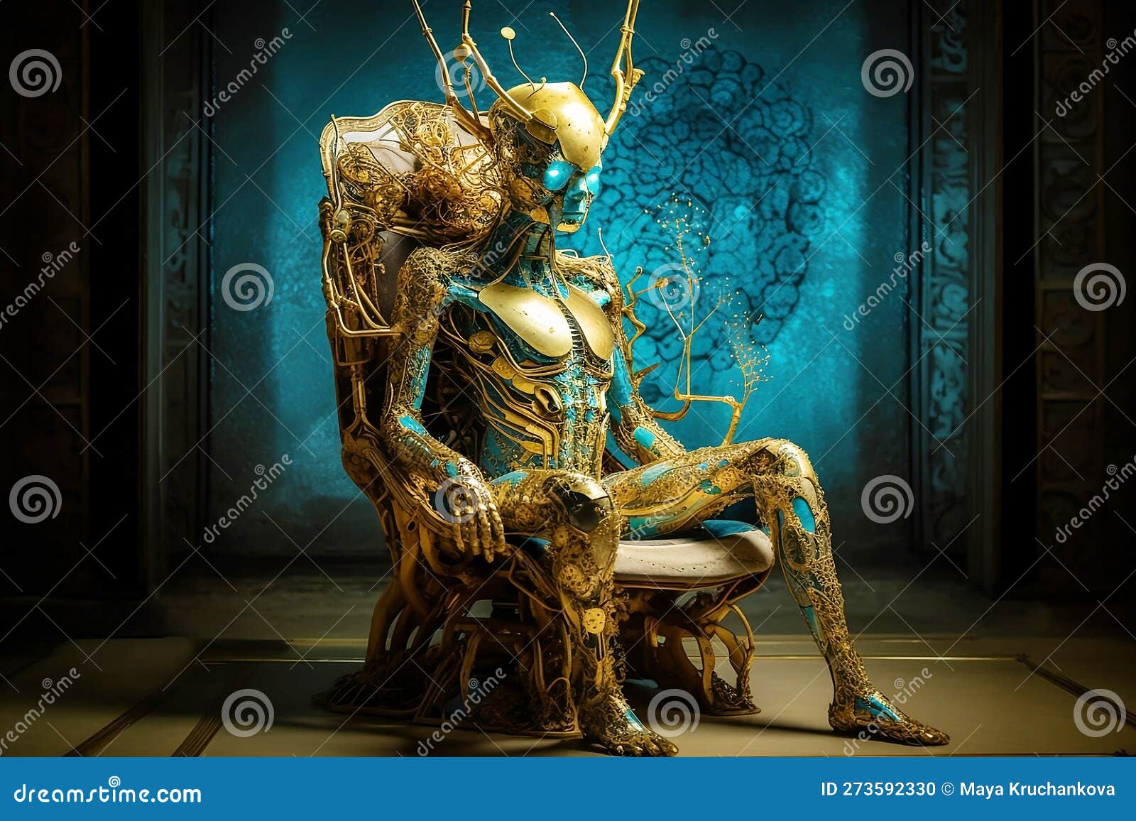 Illustration of Strange Gold Creature Sitting on Throne Stock ...