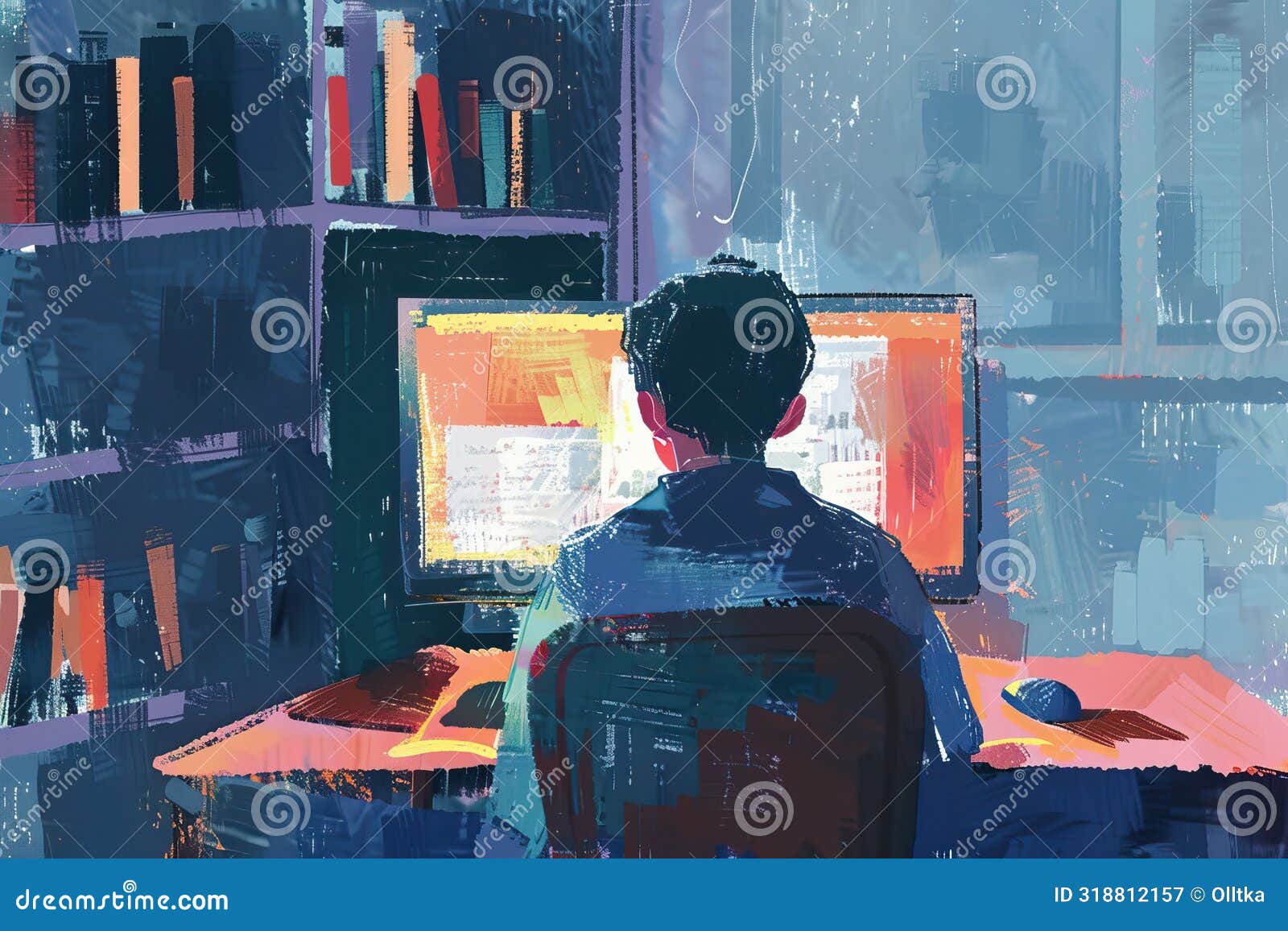 Illustration Student Learning on Laptop in His Room Stock Image - Image ...