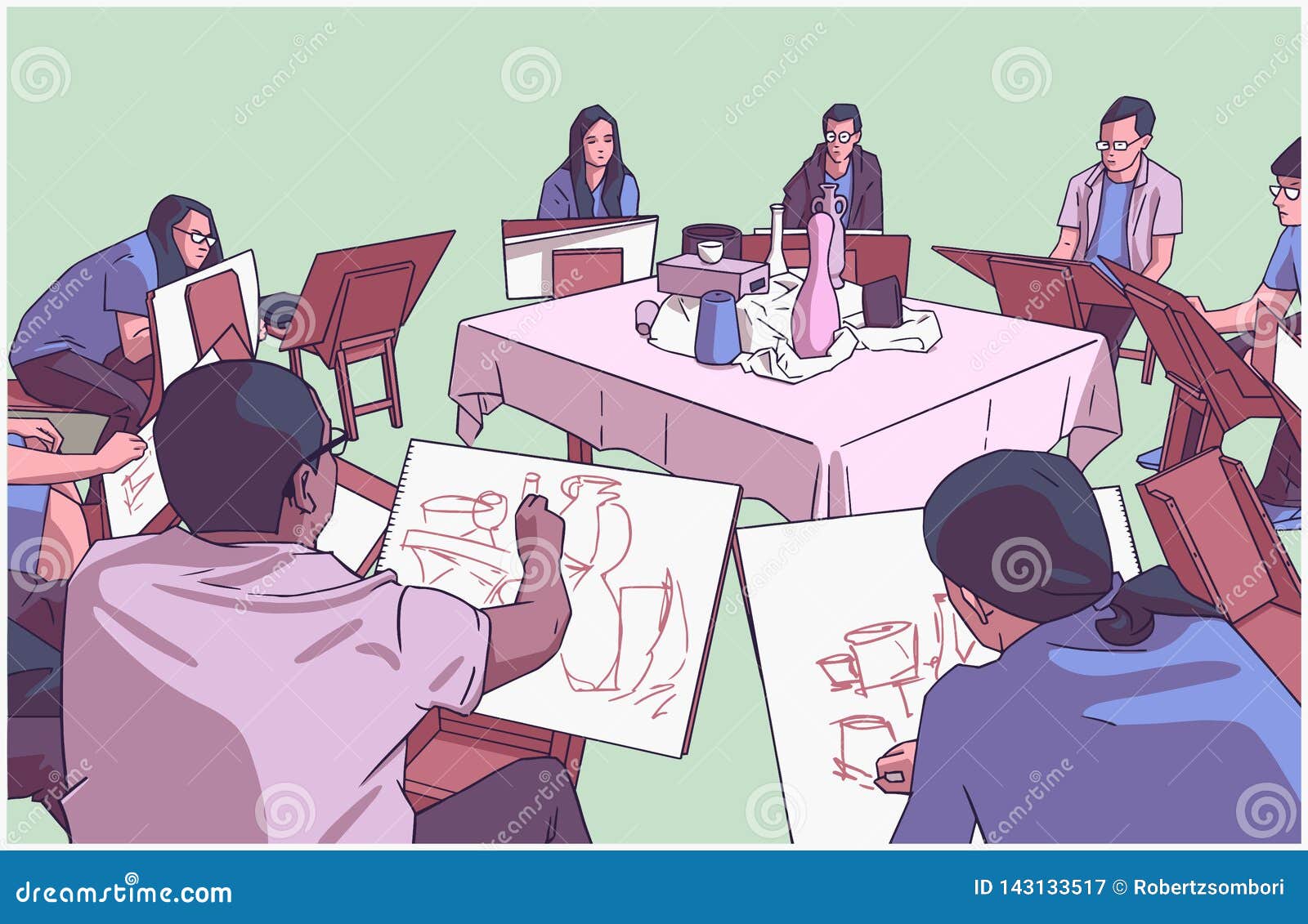 Illustration of Students Drawing Still Life in Art Studio Stock Vector ...