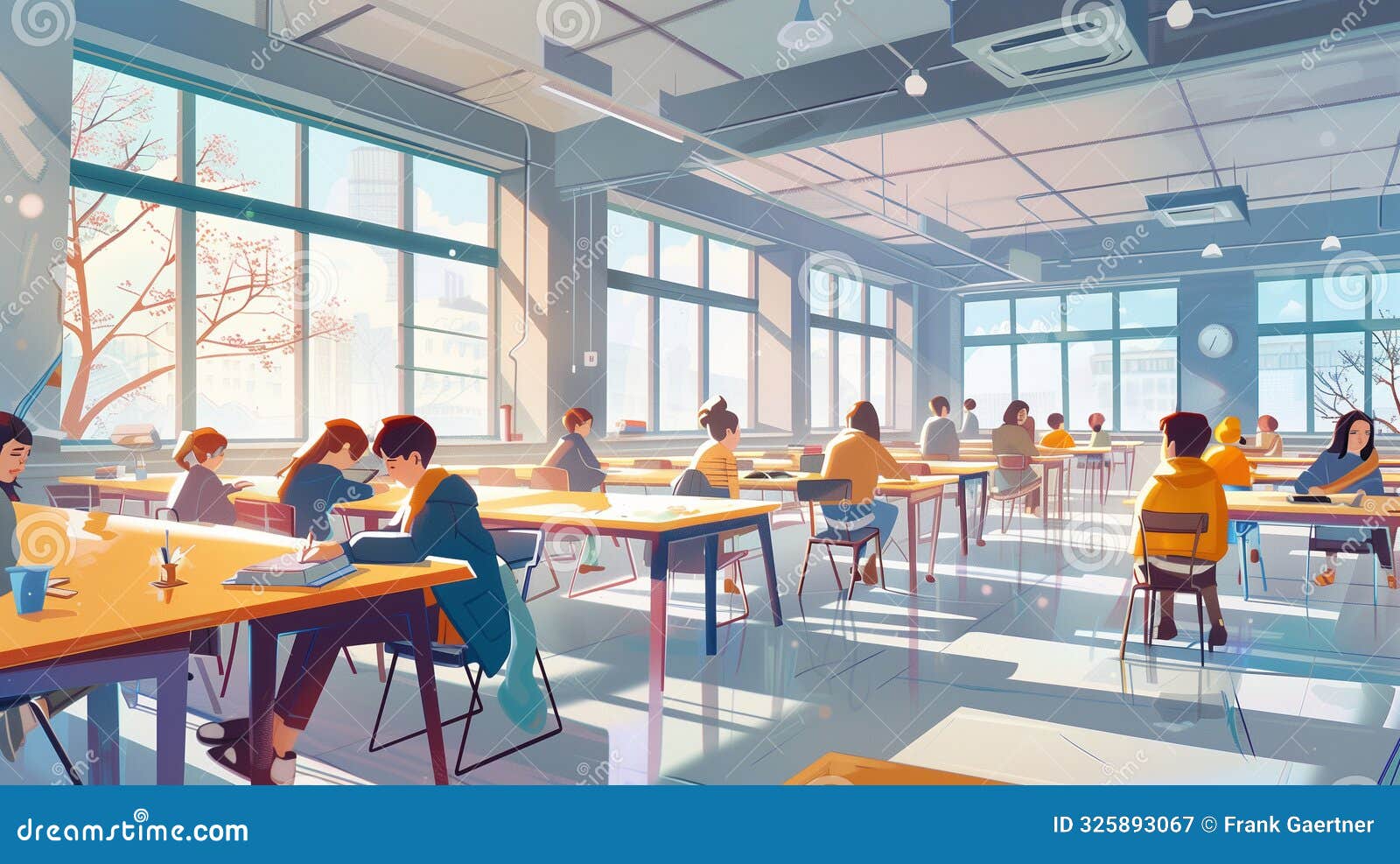 Illustration of Students Studying in a Modern Sunny Classroom, with ...