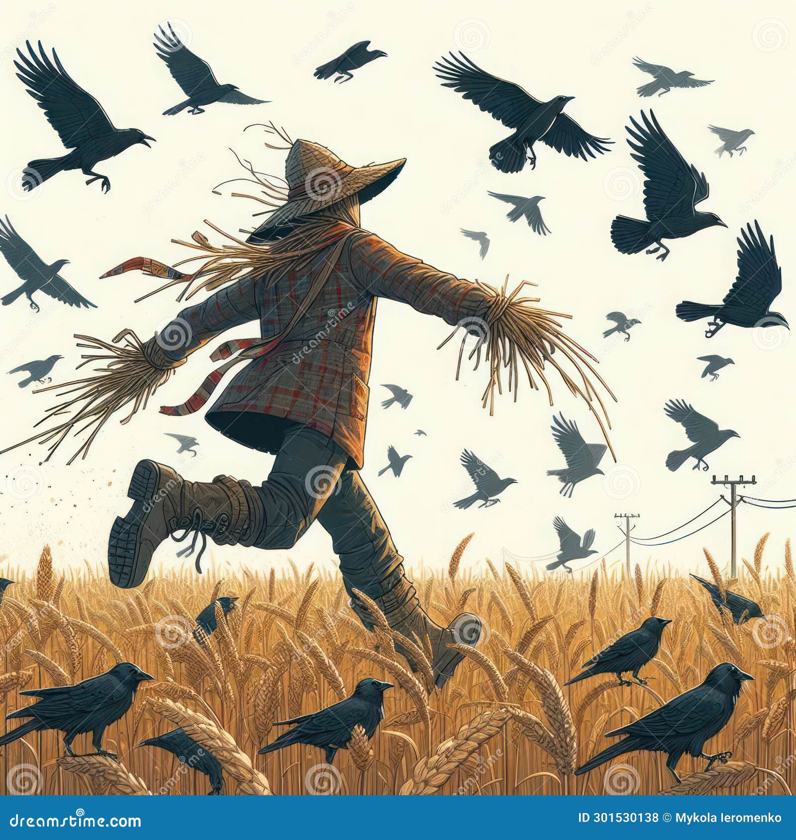 Illustration of a Stuffed Animal Chasing Away Crows from a Field. Stock ...